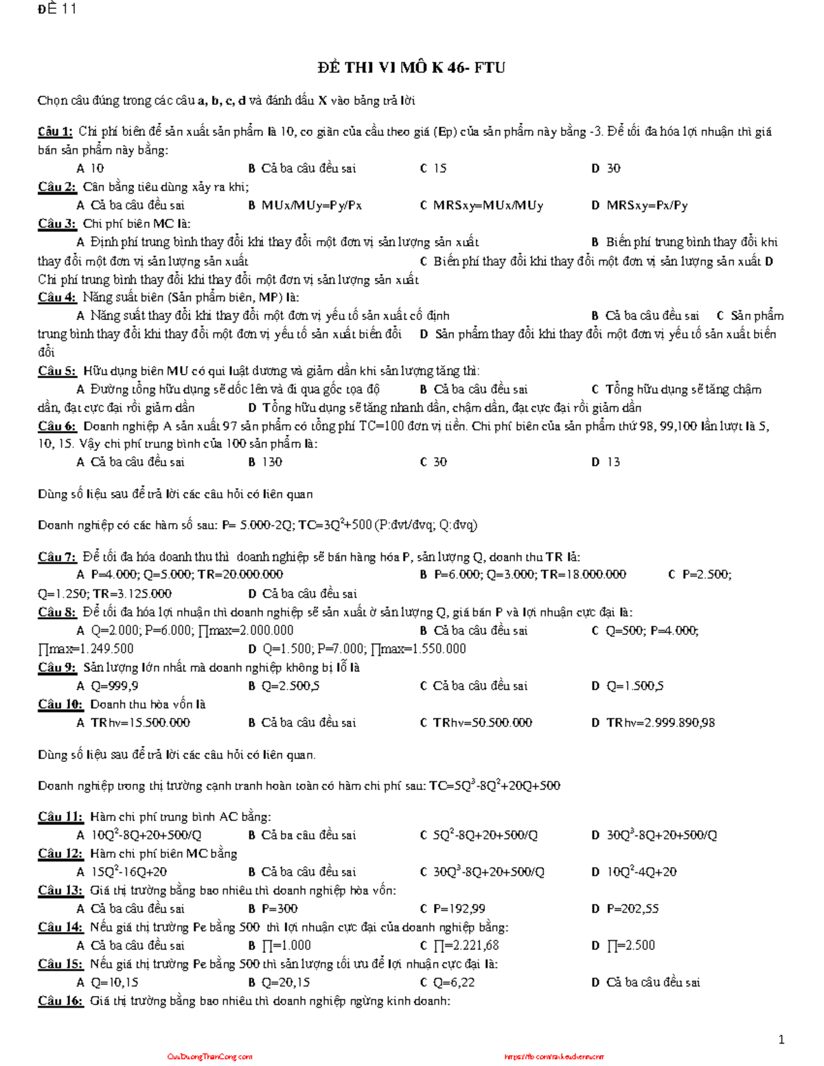 Kinh-te-vi-mo de-thi-kinh-te-vi-mo-k46-ftu - [cuuduongthancong - 1 ĐỀ THI VI MÔ K 46- FTU Chọn ...