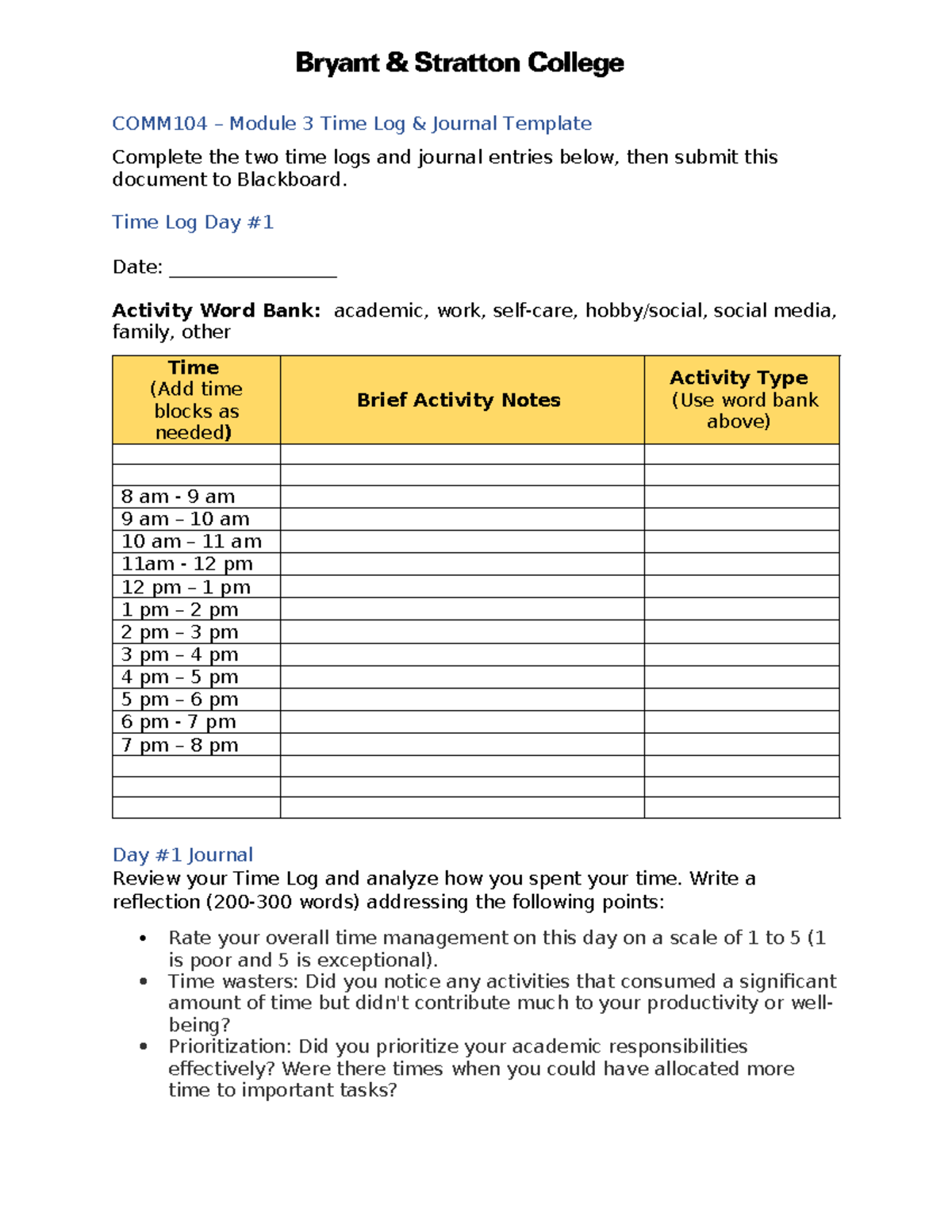 COMM104 M3 Time Log Journal Template - COMM104 – Module 3 Time Log ...