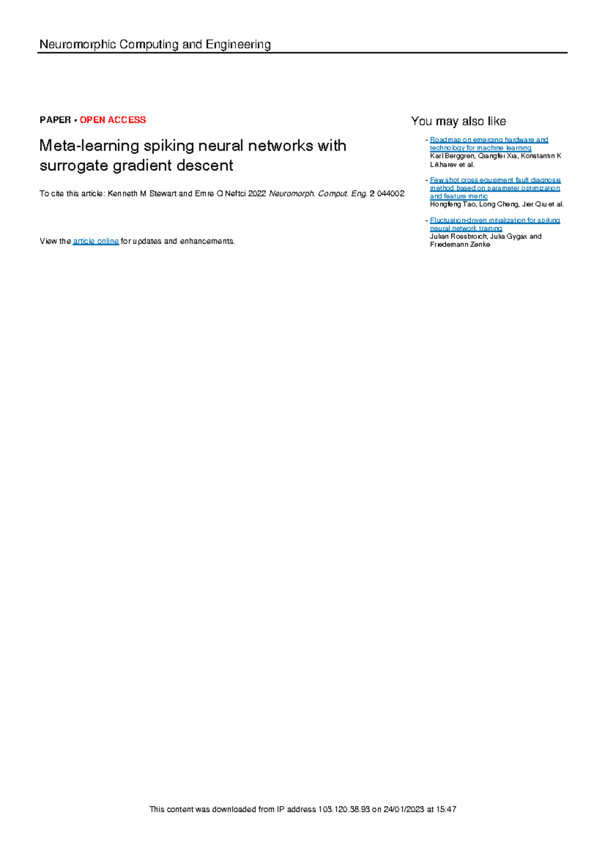 Meta Learning Spiking Neural Networks With Surrogate Gradient Descent Neuromorphic Computing