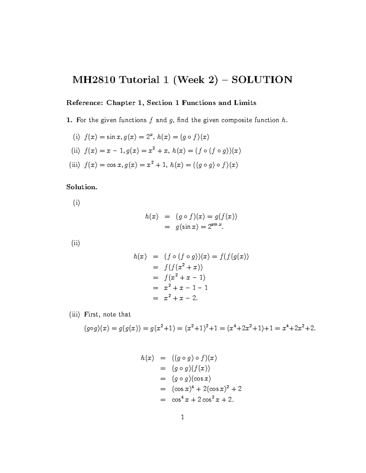Sol1 - tutorial 1 - MH2810 Tutorial 1 (Week 2) – SOLUTION Reference: Chapter 1, Section 1 ...