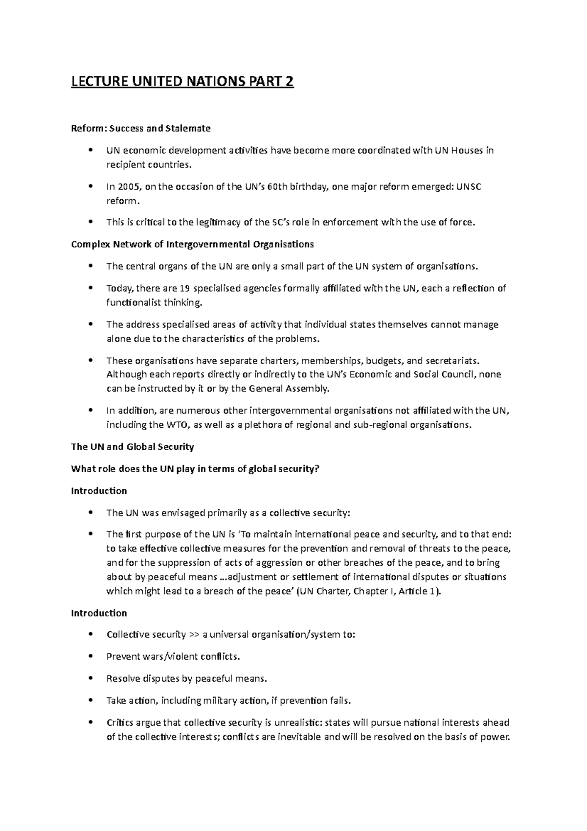 United Nations part 2 - Lecture notes 16 - LECTURE UNITED NATIONS PART ...