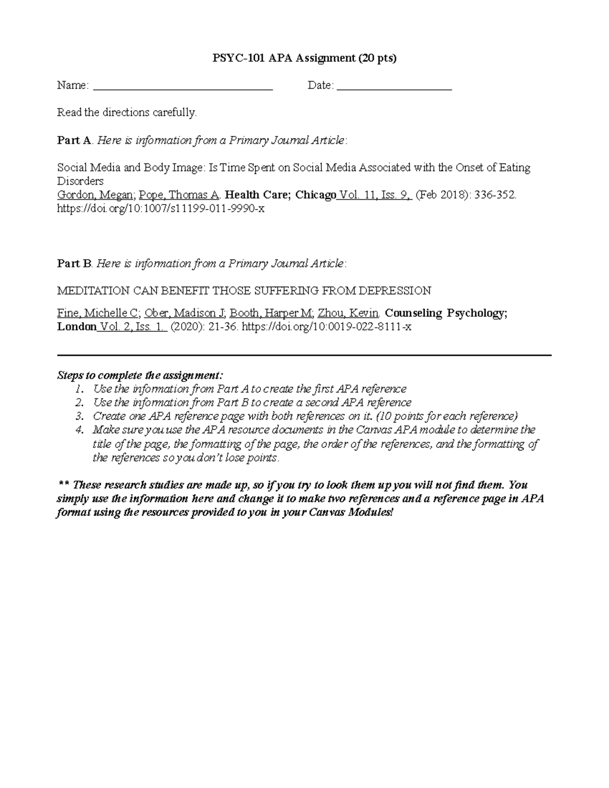 PSYC-101.APA Assignment - Part A. Here is information from a Primary ...