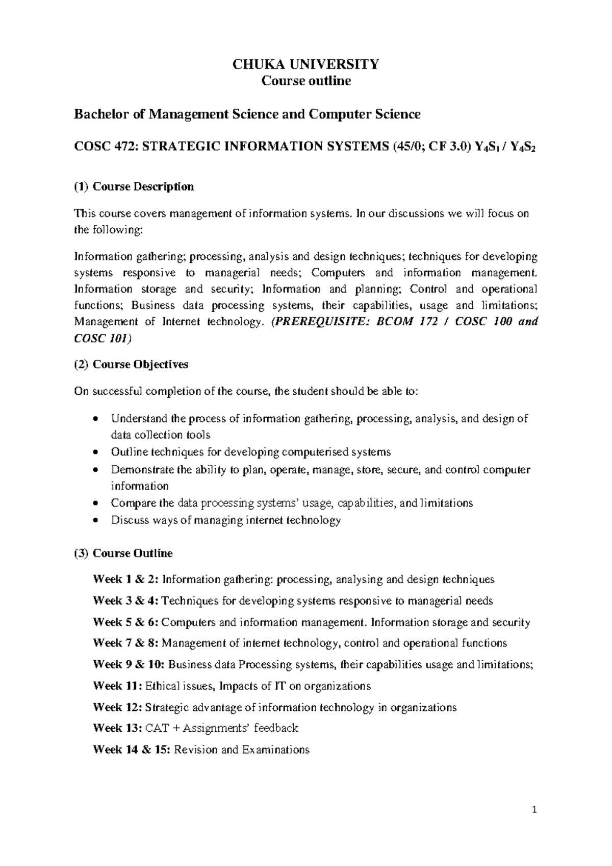 COSC 472 Course Outline - 1 CHUKA UNIVERSITY Course outline Bachelor of Management Science and ...