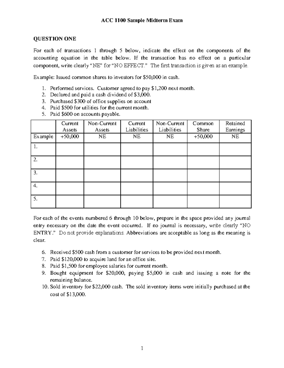 Sample midterm exam with solution - QUESTION ONE For each of ...