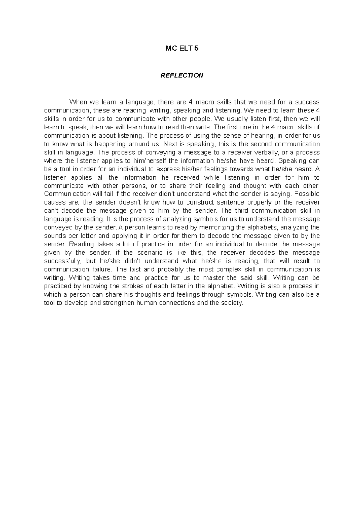 MC-ELT-5 Reflection - Learning The 4 Micro-Skills and their Importance - MC ELT 5 REFLECTION ...