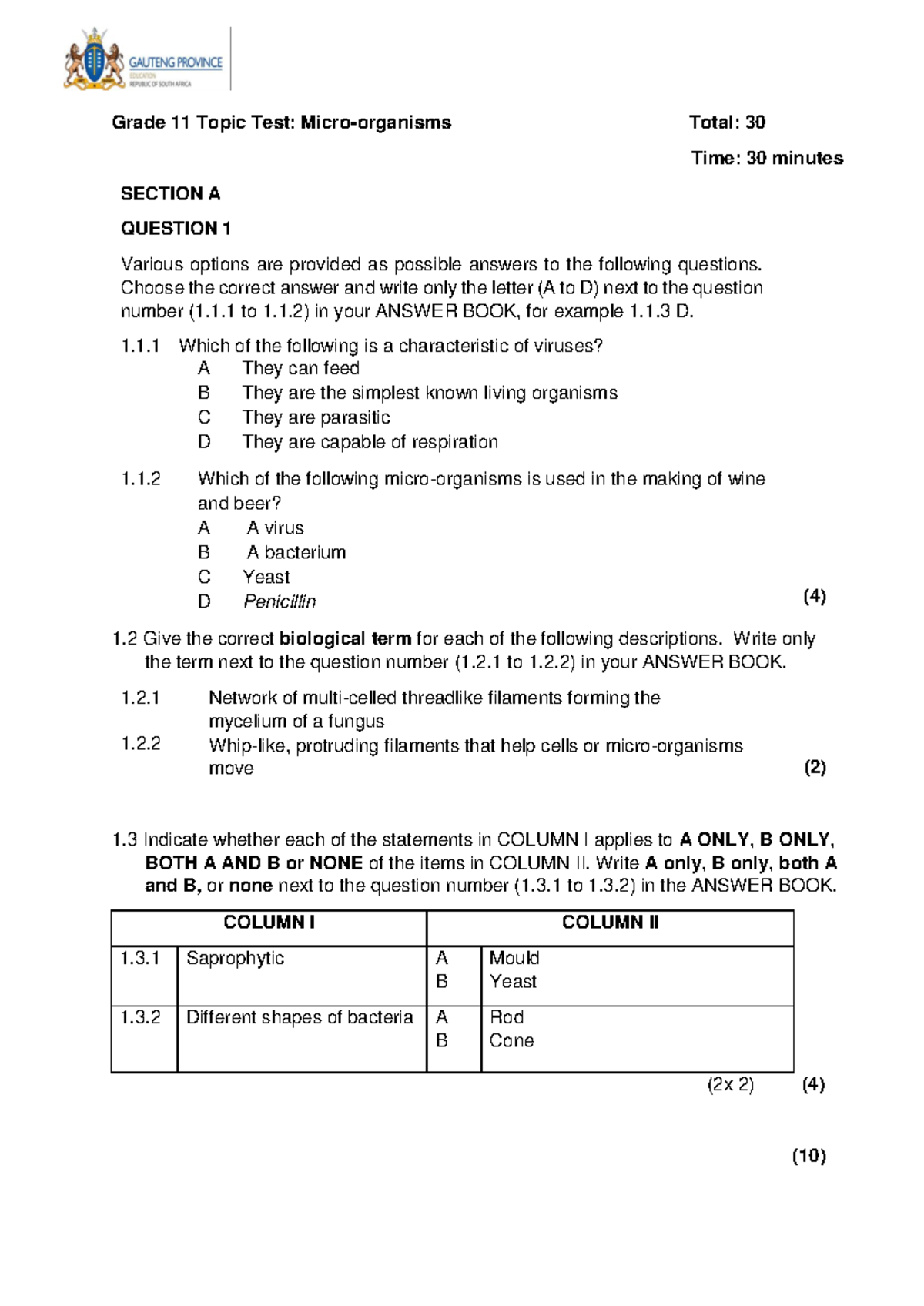 Grade 11 Topic Test Micro-organisms Gauteng - Grade 11 Topic Test ...