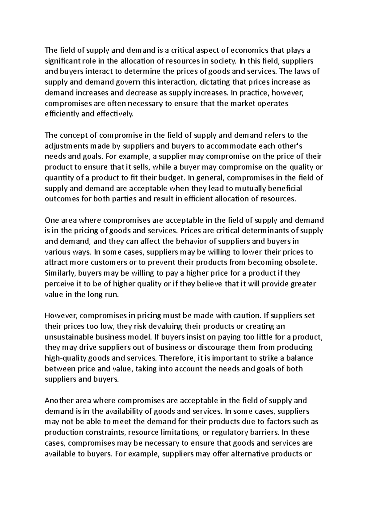Essay 6 - The field of supply and demand is a cri4cal aspect of ...