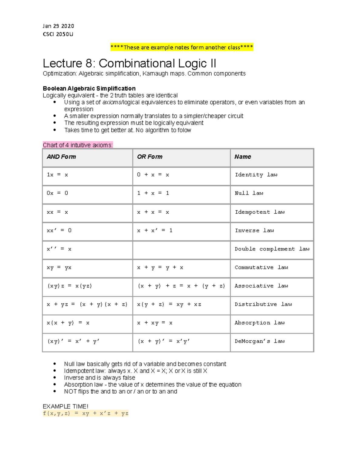 04 Combination Logic part1 - Jan 29 2020 CSCI 2050U These are example ...