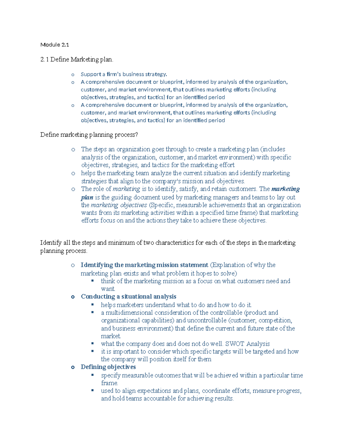 Module 2.1 D077 - Module 2. 2 Define Marketing plan. o Support a firm’s ...