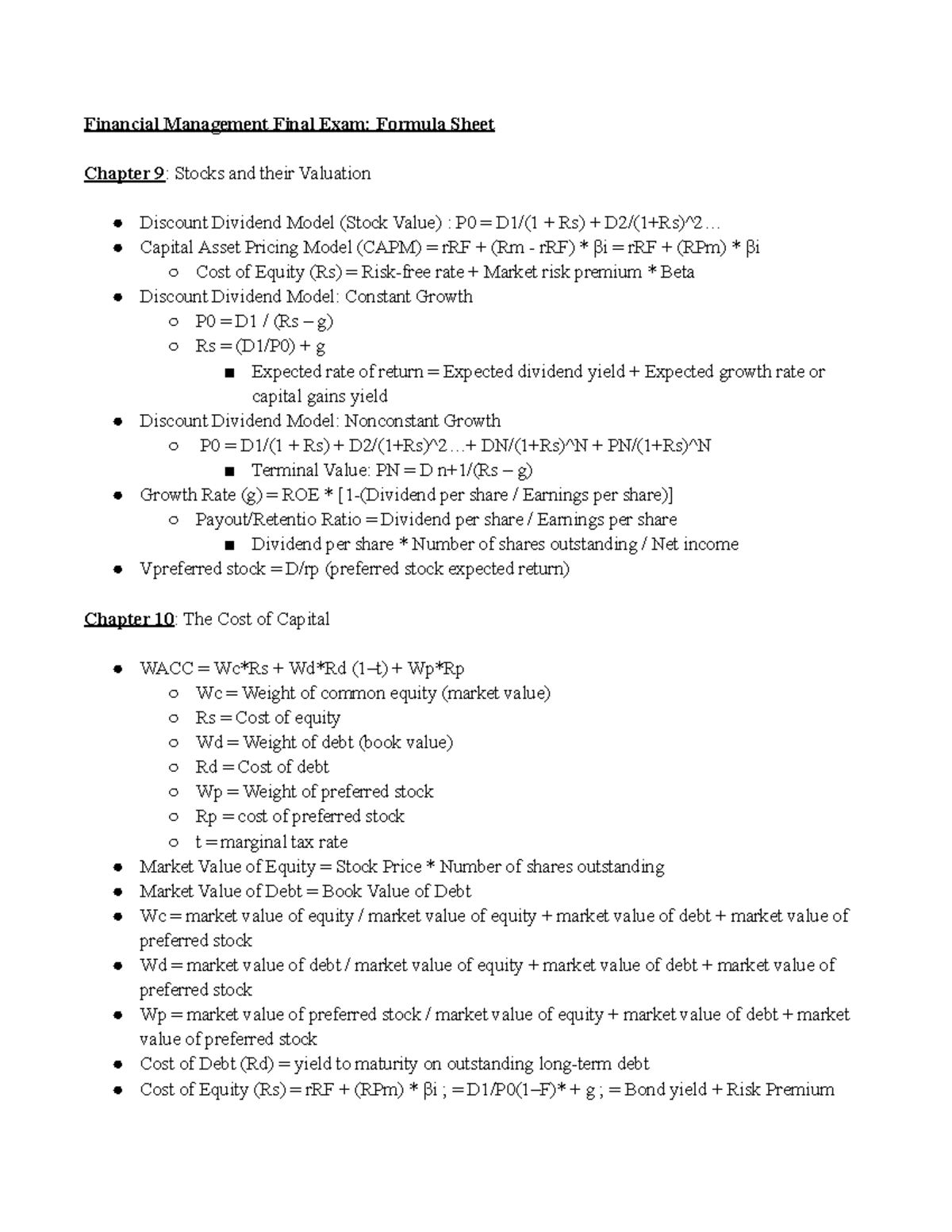 Financial Management Final Exam Formula Sheet - .. Capital Asset ...