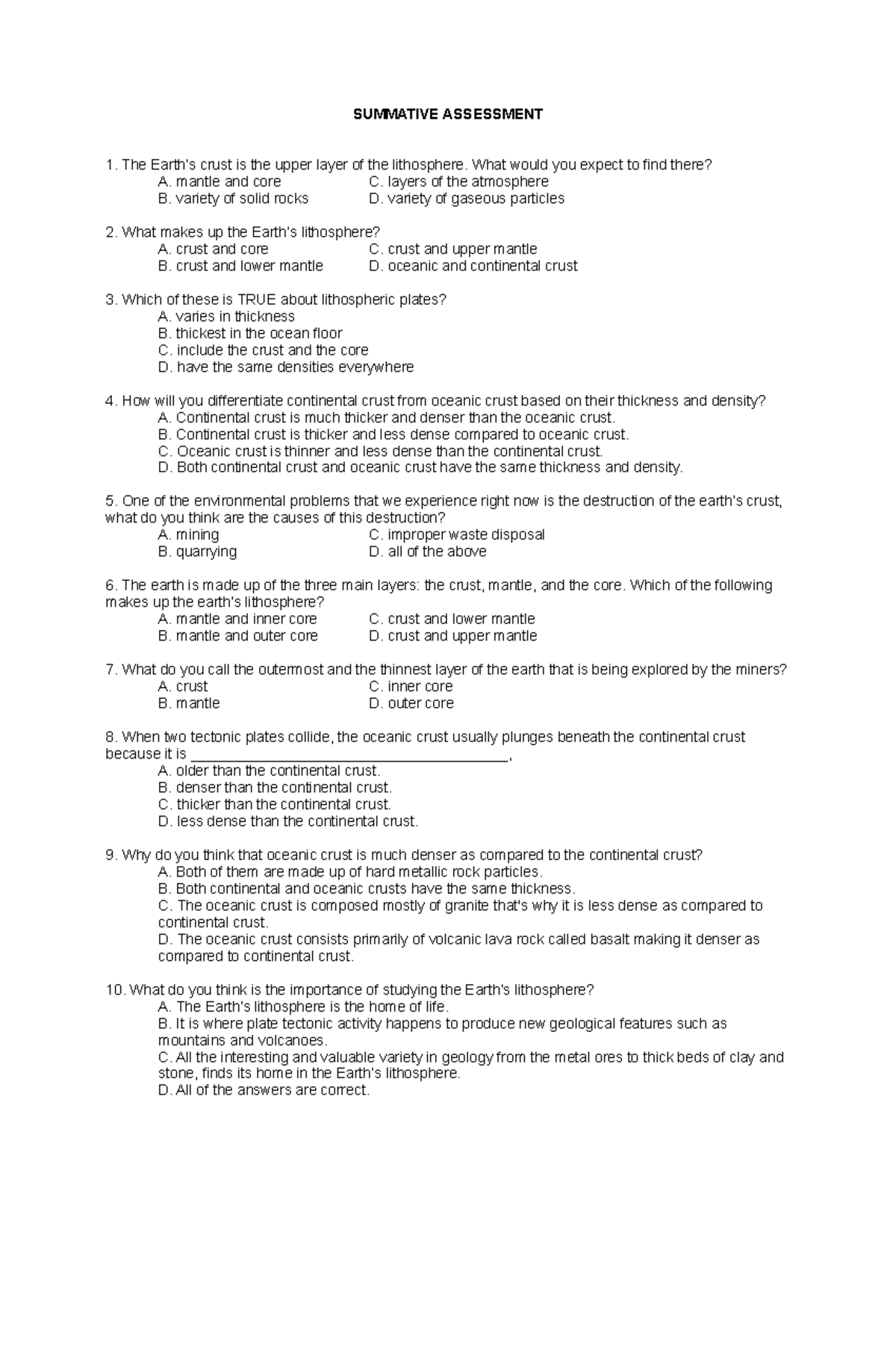 Summative Assessment 3 - SUMMATIVE ASSESSMENT The Earth’s crust is the ...