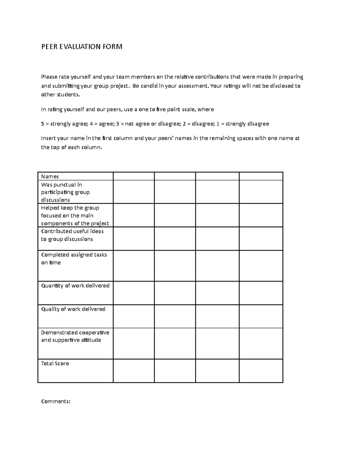 Peer Evaluation Questionnaire