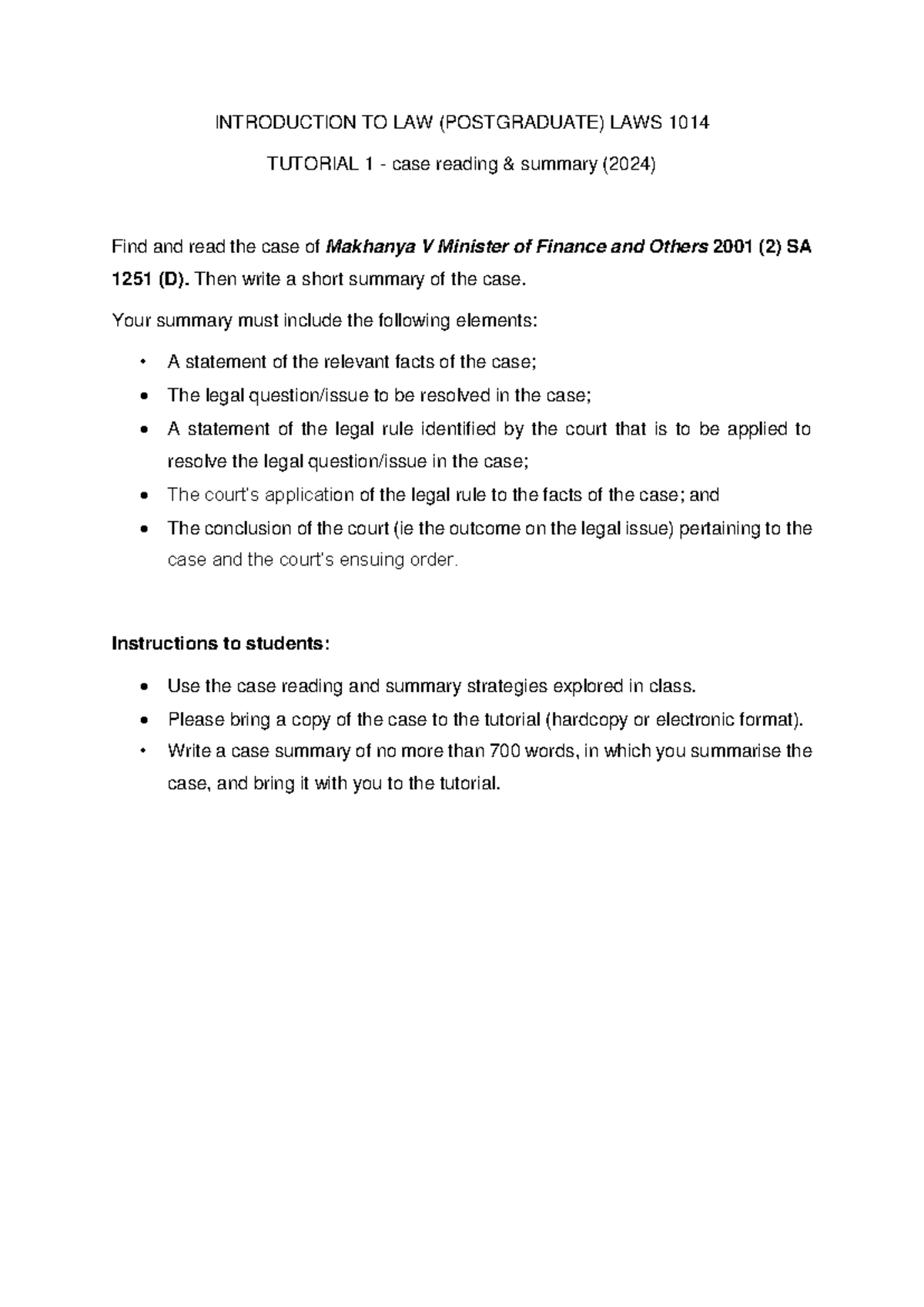 LAWS1014 Tutorial+0NE CASE+ Summary+ Exercise - INTRODUCTION TO LAW ...