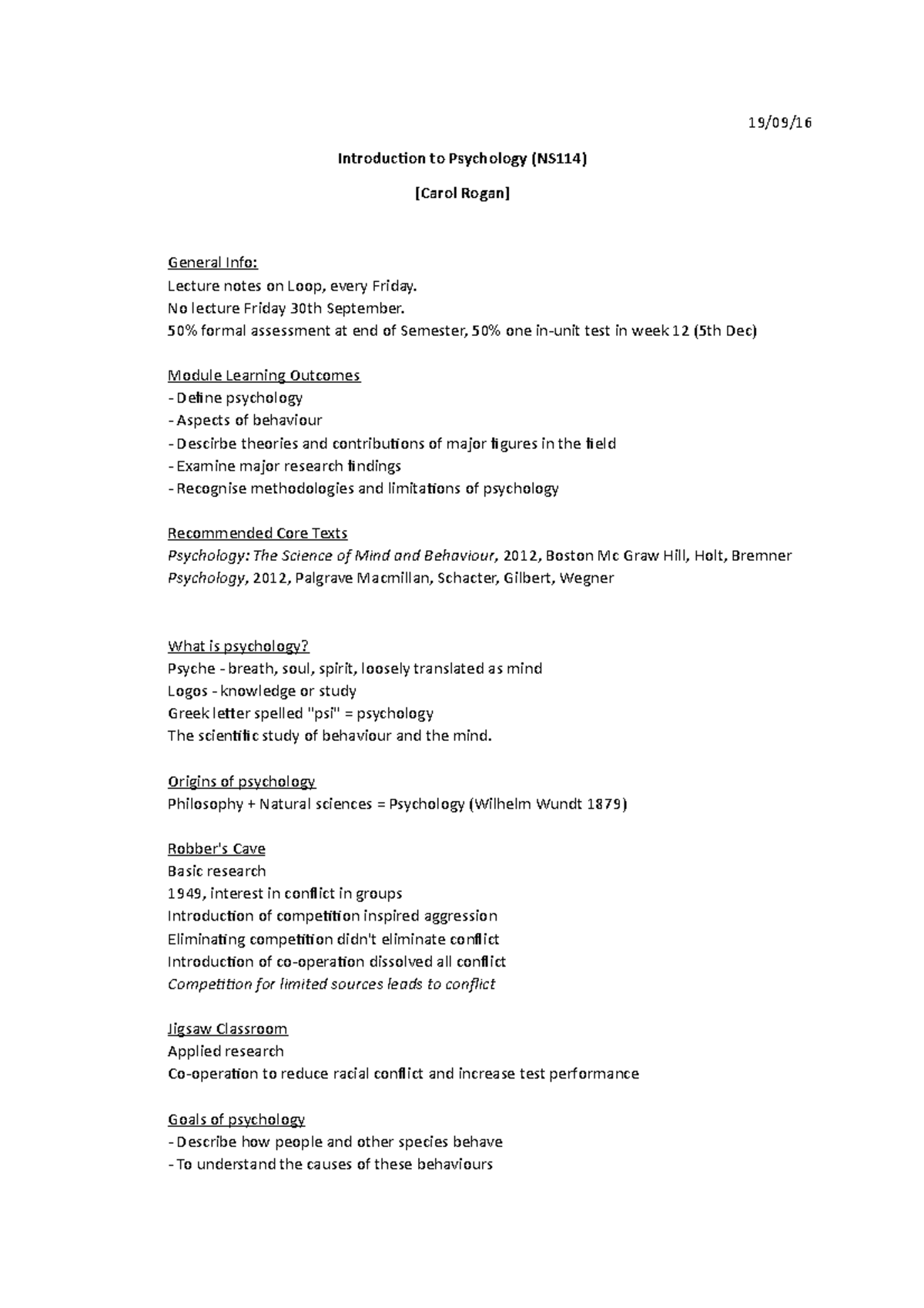 Intro to Psychology - Lecture notes 1-12 - 19/09/16 Introduction to ...
