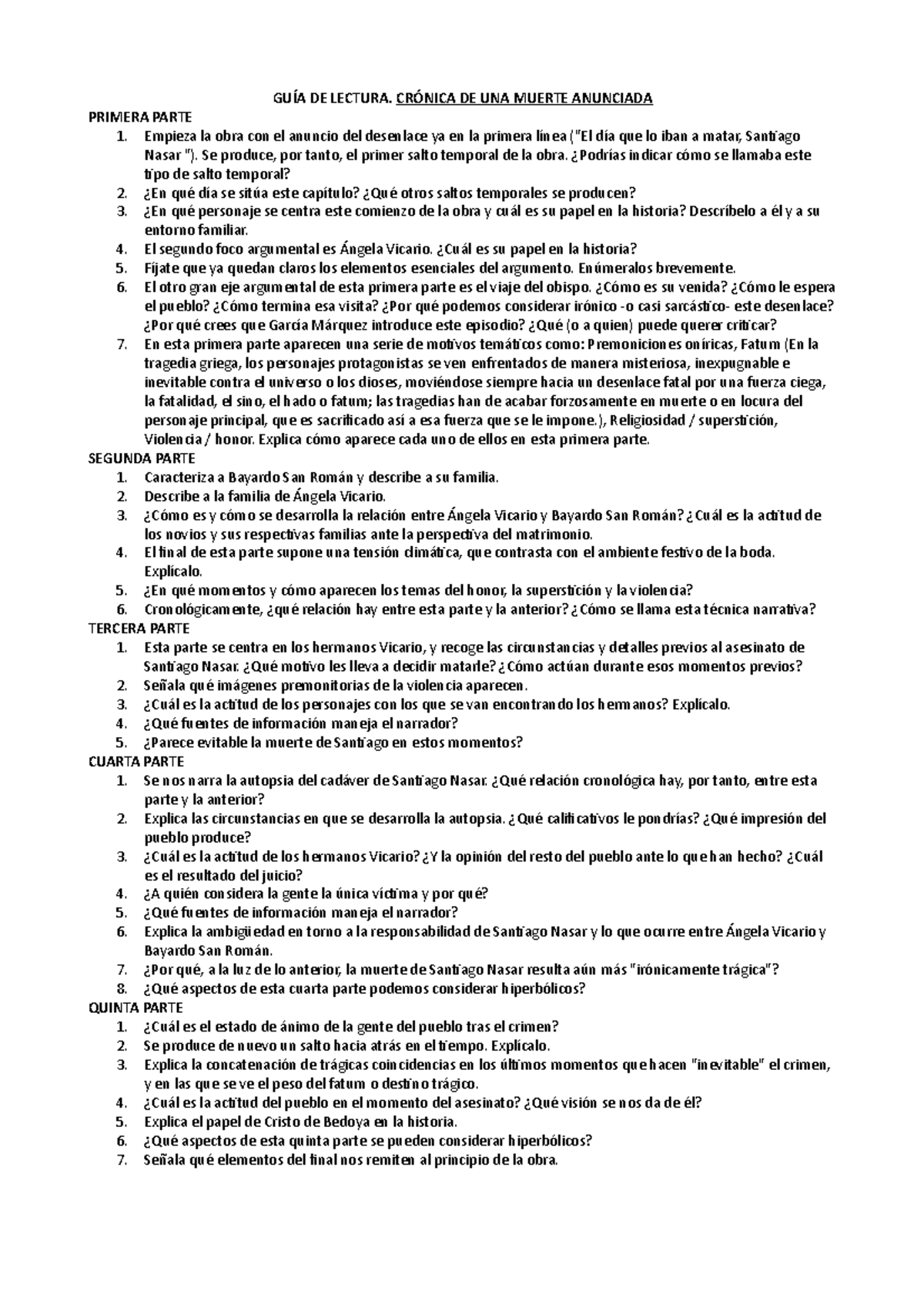 Crónica de una muerte anunciada. Guía de lectura - GUÍA DE LECTURA ...