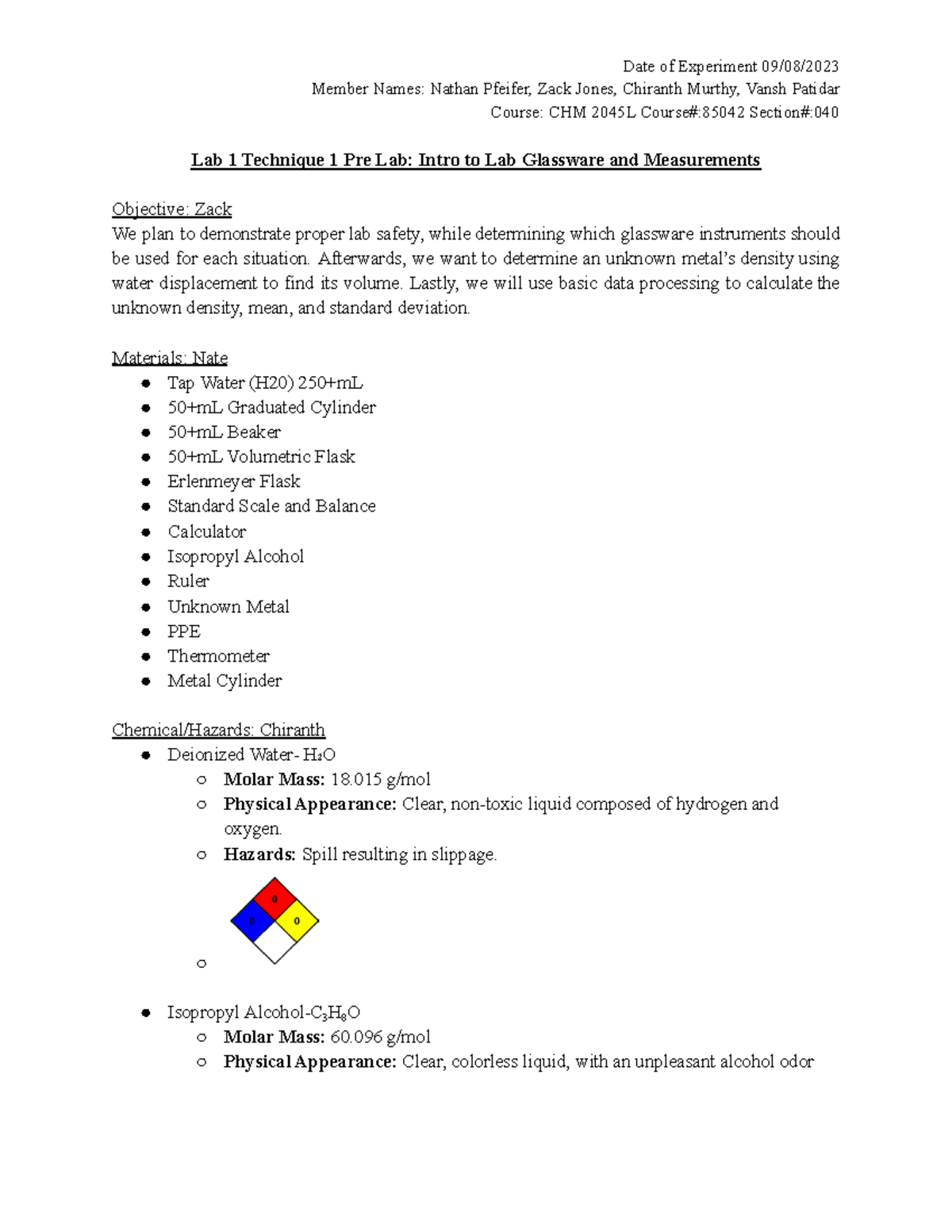 Lab 1 Technique 1 Pre Lab Intro to Lab Glassware and Measurements - Date of Experiment 09/08 ...