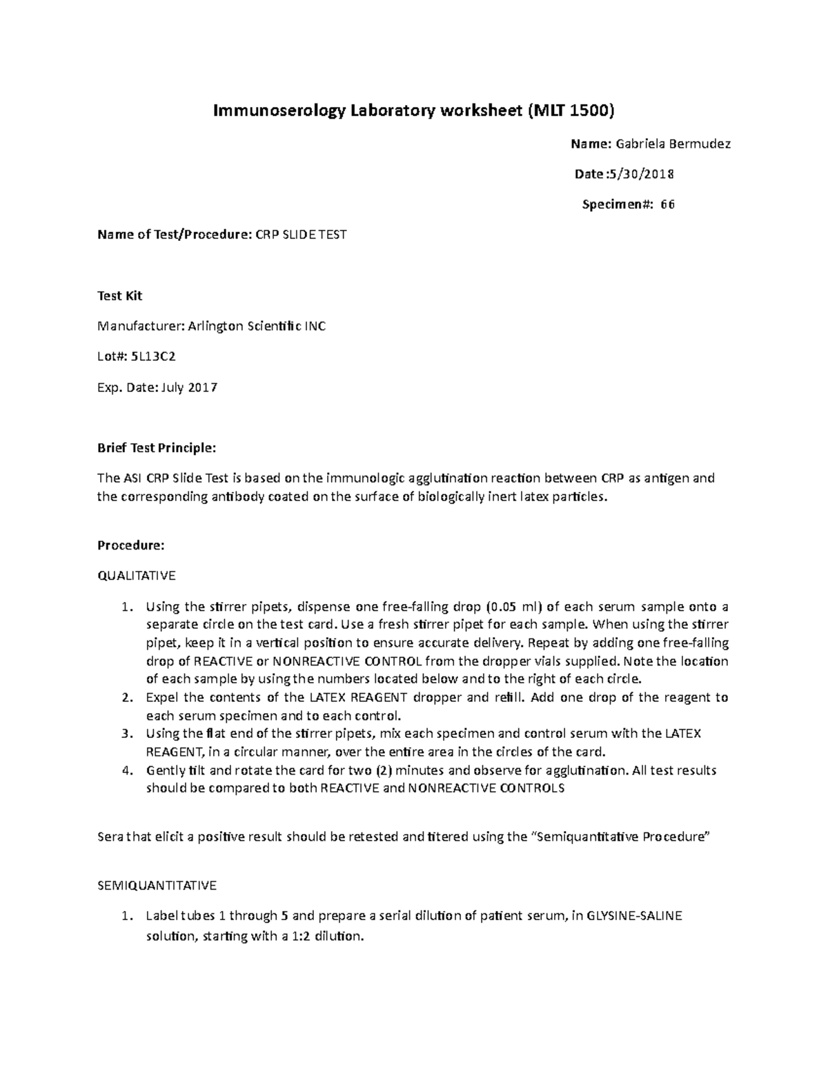 CRP report - Immunoserology Laboratory worksheet (MLT 1500) Name ...