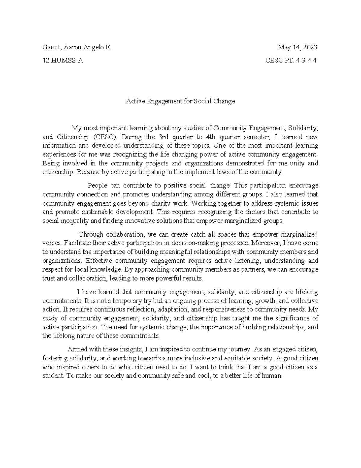 Active Engagement for Social Change - Gamit, Aaron Angelo E. May 14 ...