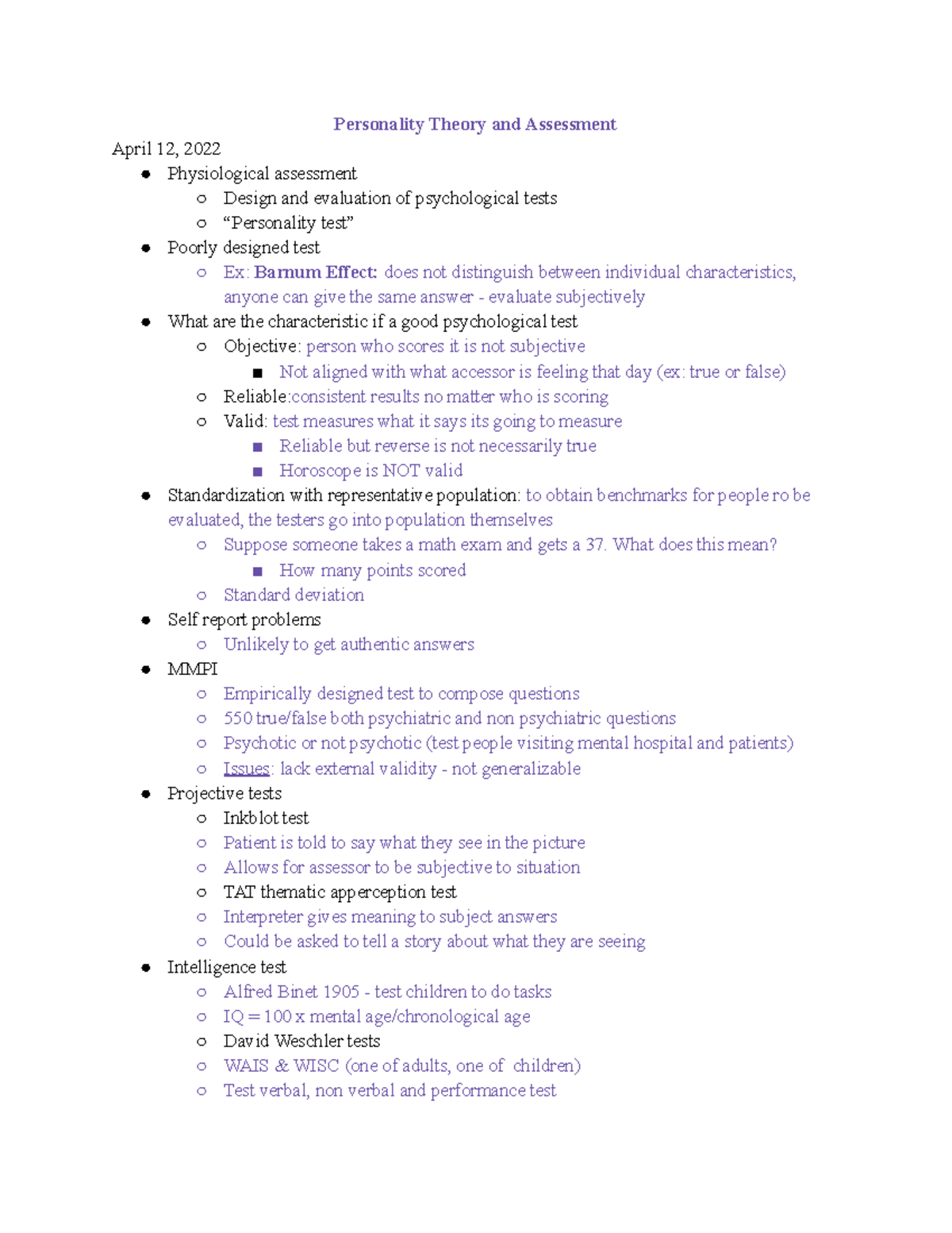 PSY 113 quiz 9 - notes fro quiz 9 - Personality Theory and Assessment ...