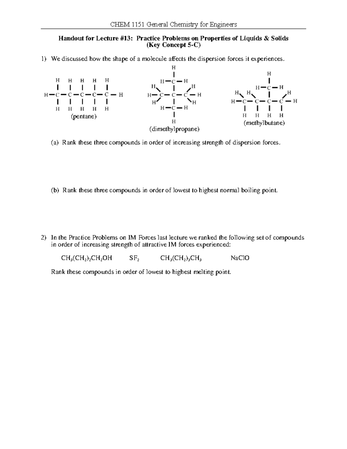 Practice Problems on Solids Liquids - CHEM 1151 General Chemistry for ...