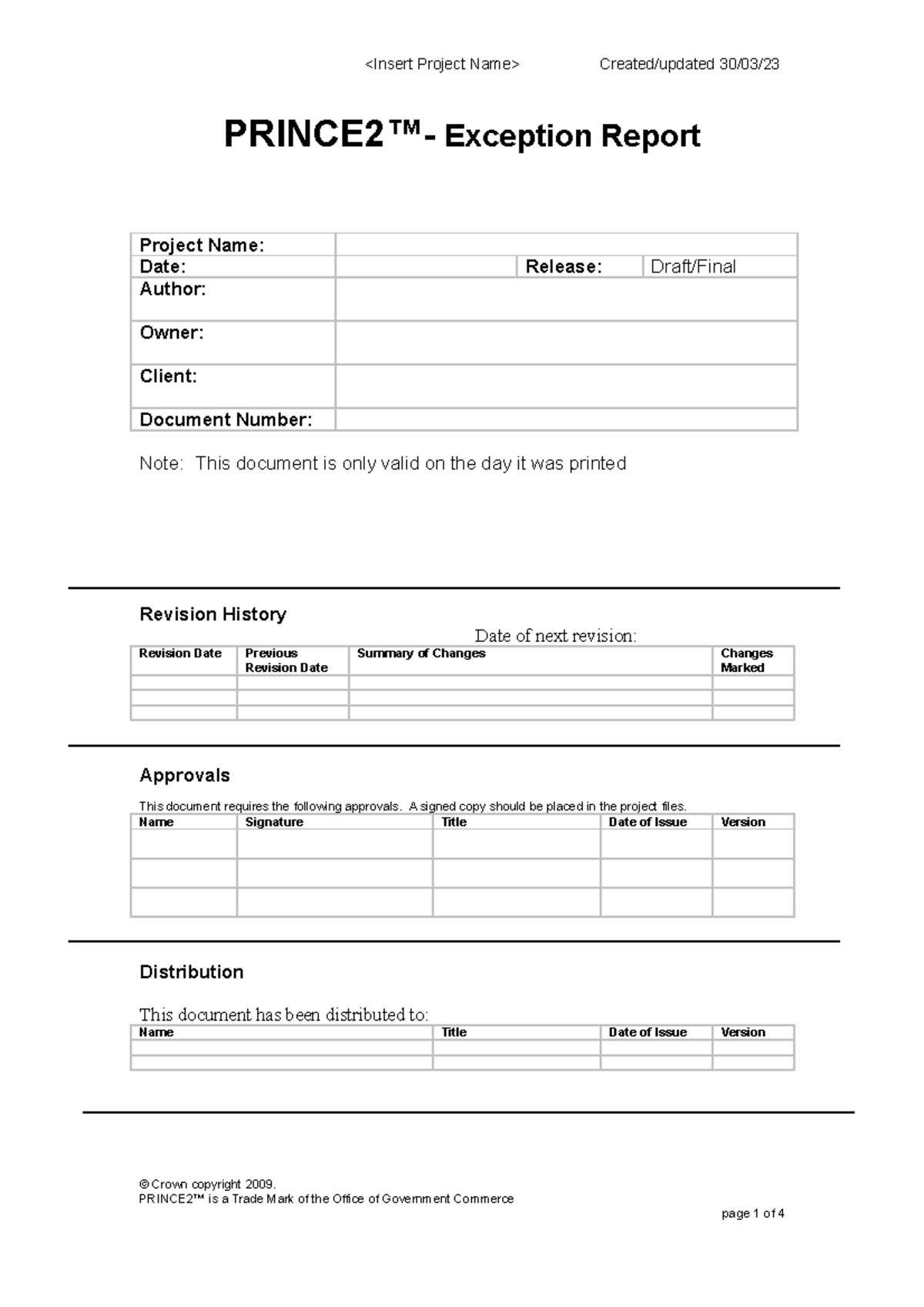 Exception Report - Created/updated 30/03/ PRINCE2™- Exception Report ...