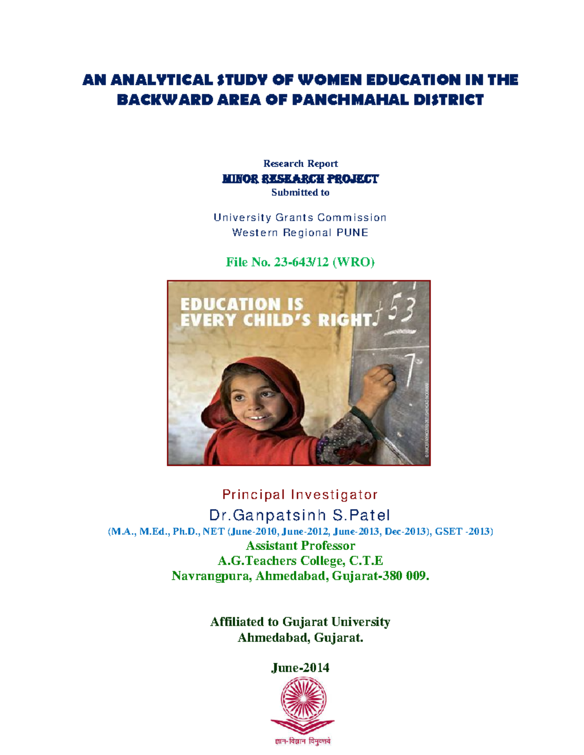 MInor Research Project Report Dr. G.S.Patel A - AN ANALYTICAL STUDY OF ...