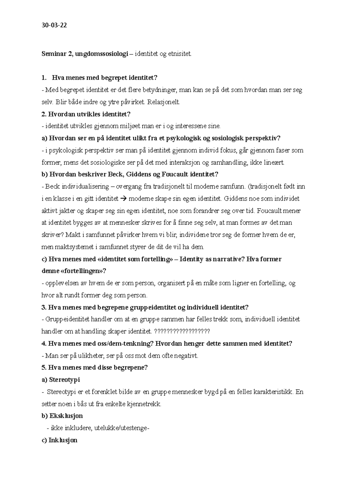 Seminar 2,identitet - ...... - 30-03- Seminar 2, ungdomssosiologi ...
