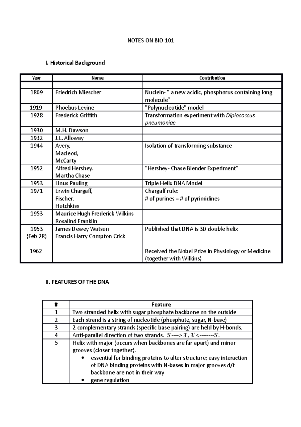 Notes ON BIO 101 - Introduction to Molecular Biology - NOTES ON BIO 101 ...
