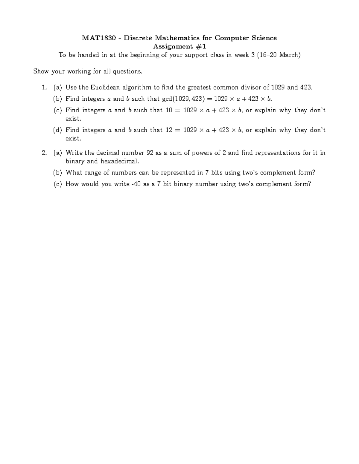 Seminar assignments, Questions - Assignment 1 - MAT1830 - Discrete Mathematics for Computer ...