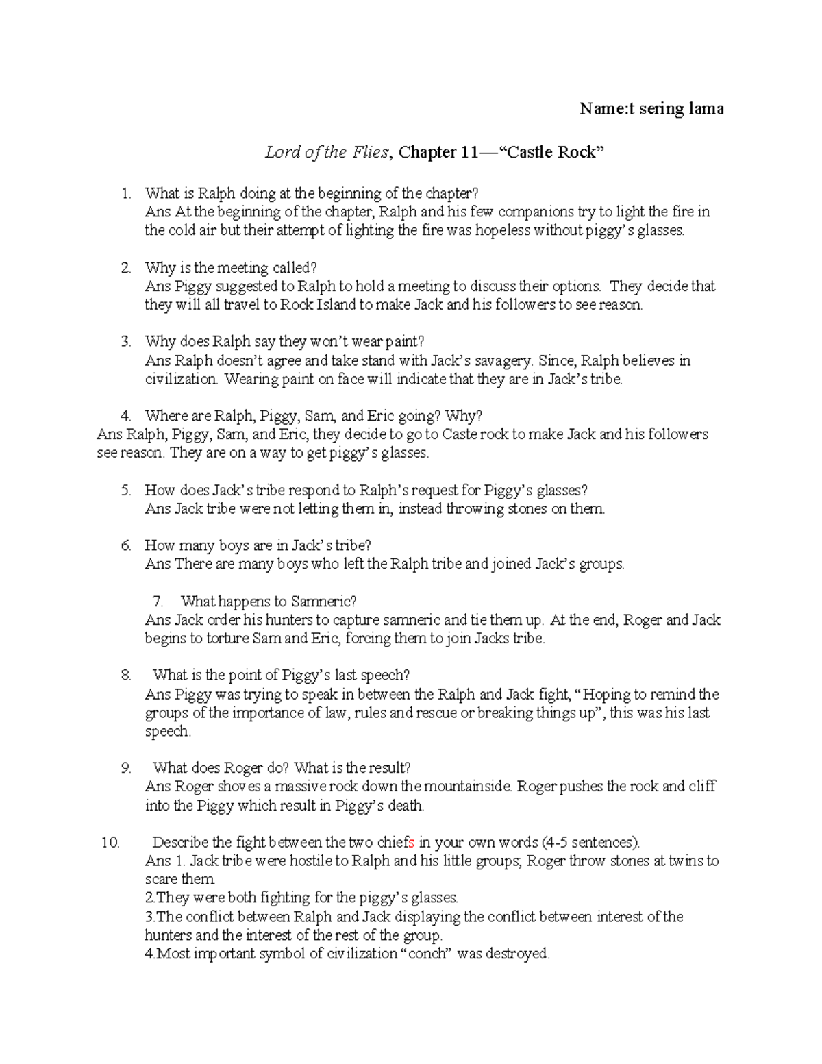 Chapter 11 castle rock - Name:t sering lama Lord of the Flies , Chapter ...