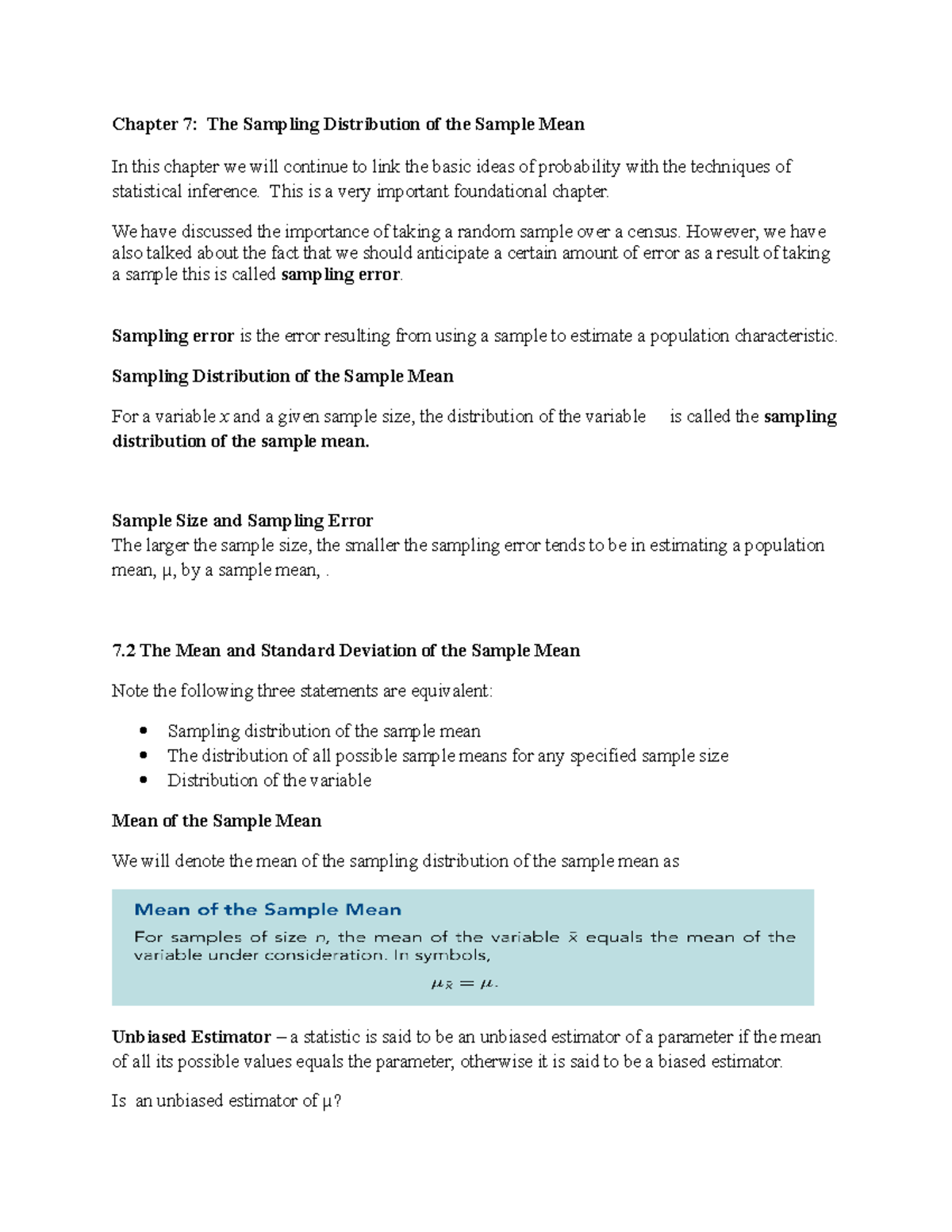STA 270 Chapter 7 - The Sampling Distribution of the Sample Mean ...