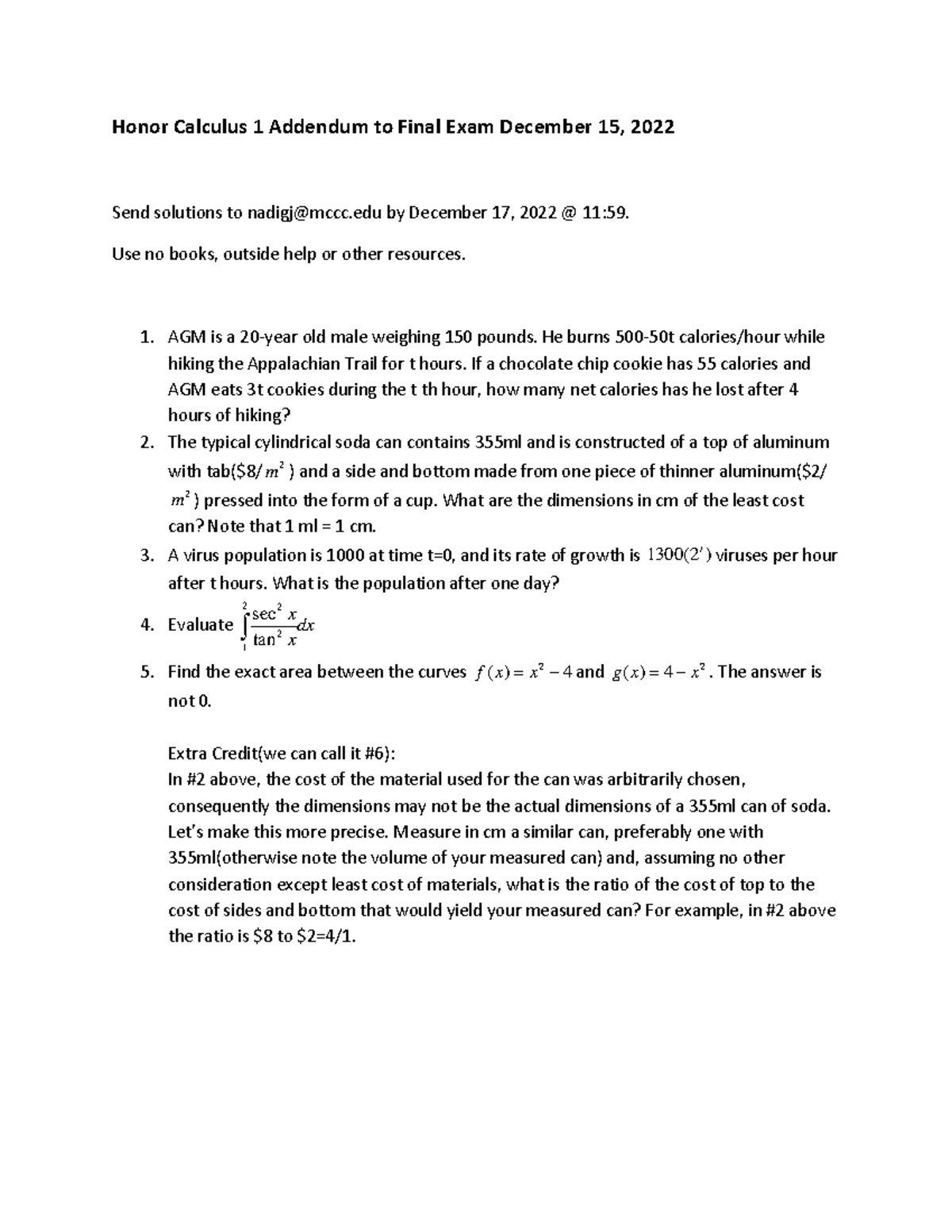 Honor Calculus 1 Addendum - Honor Calculus 1 Addendum to Final Exam ...