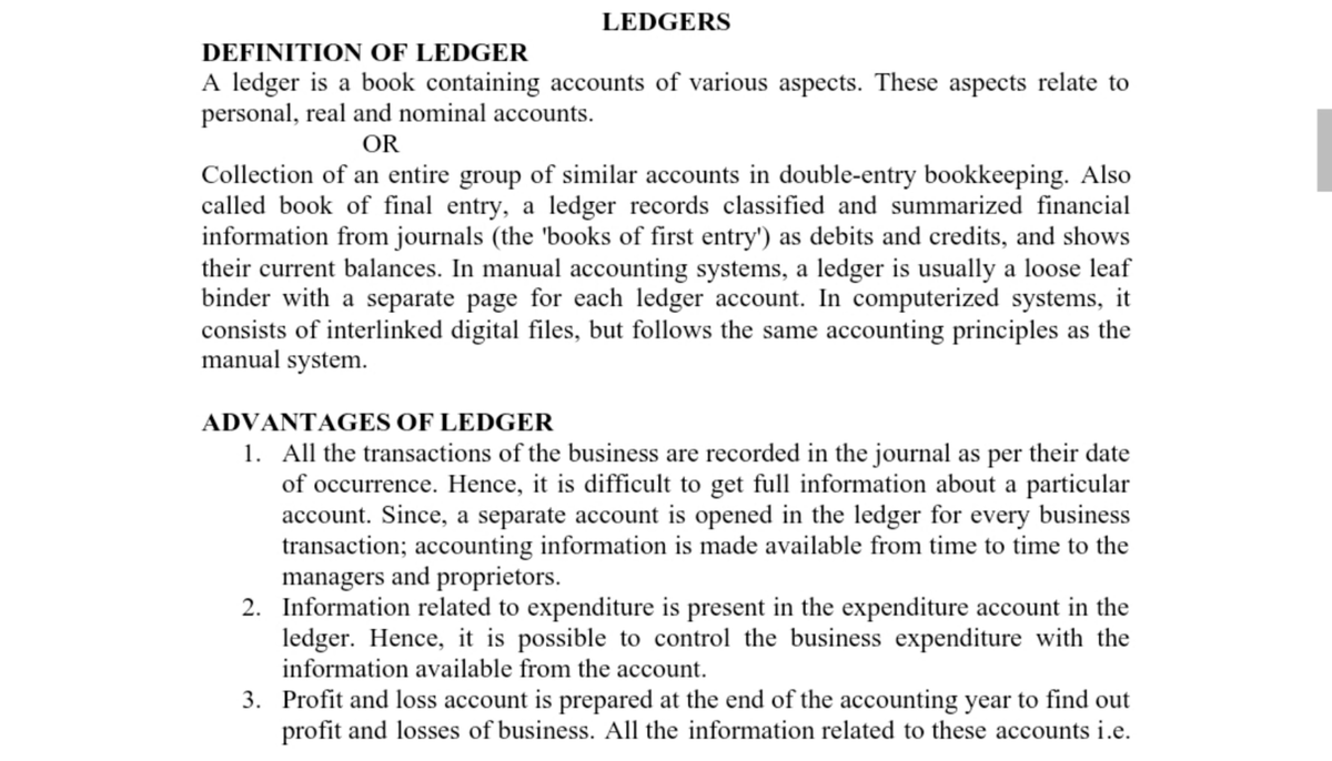 Basic Concepts- Ledgers - LEDGERS DEFINITION OF LEDGER A ledger is a ...