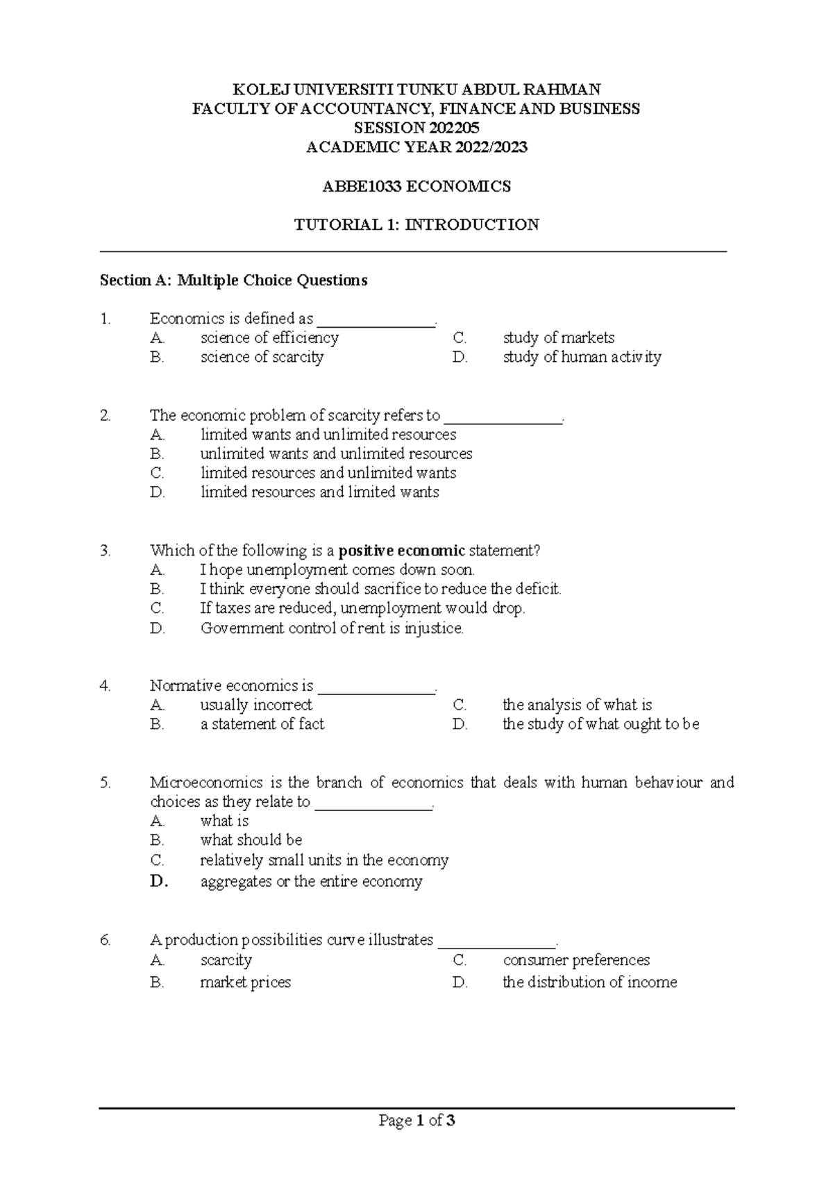 Tutorial 1 No Answer Kolej Universiti Tunku Abdul Rahman Faculty Of