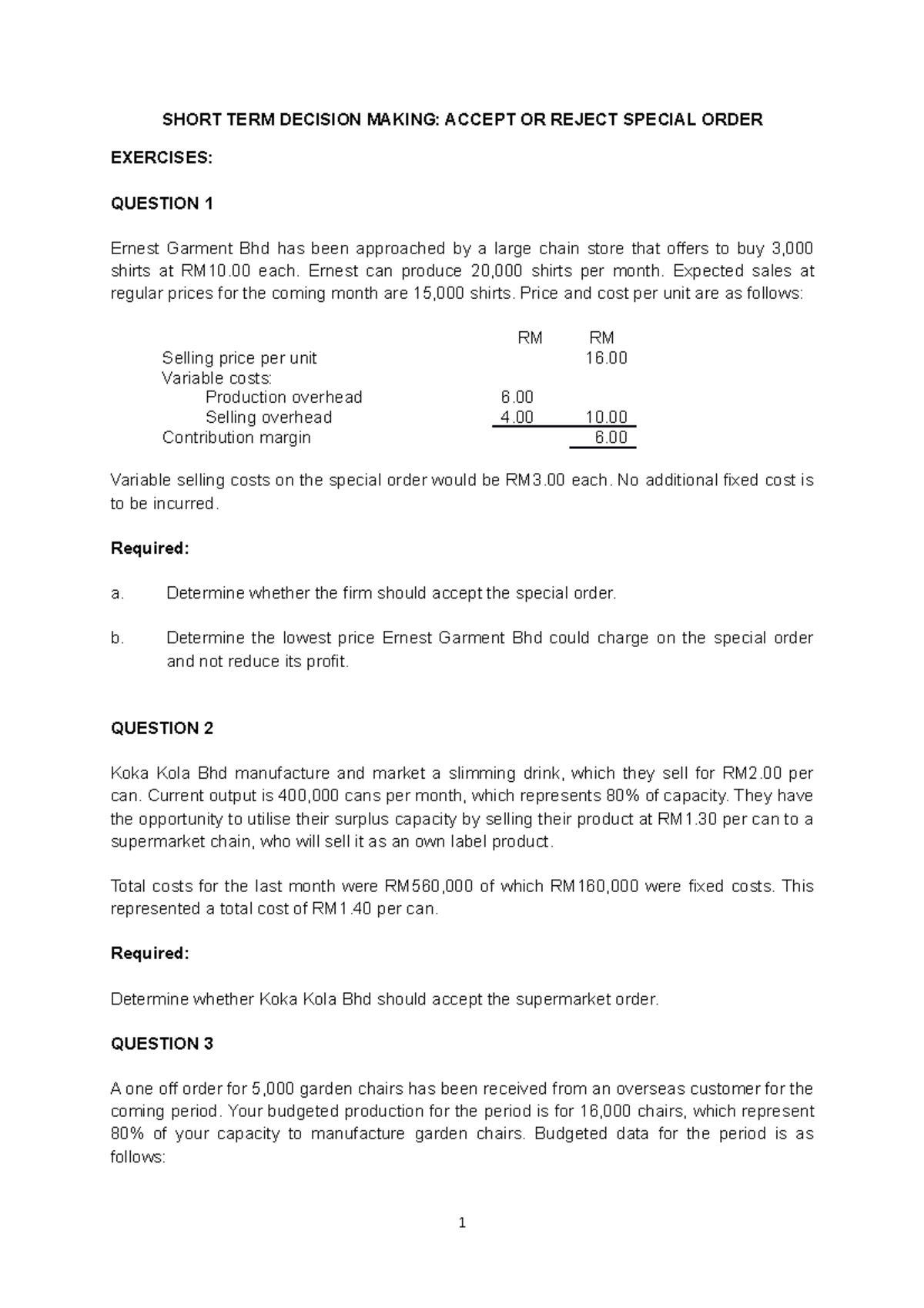 5. Question Special Order - SHORT TERM DECISION MAKING: ACCEPT OR ...