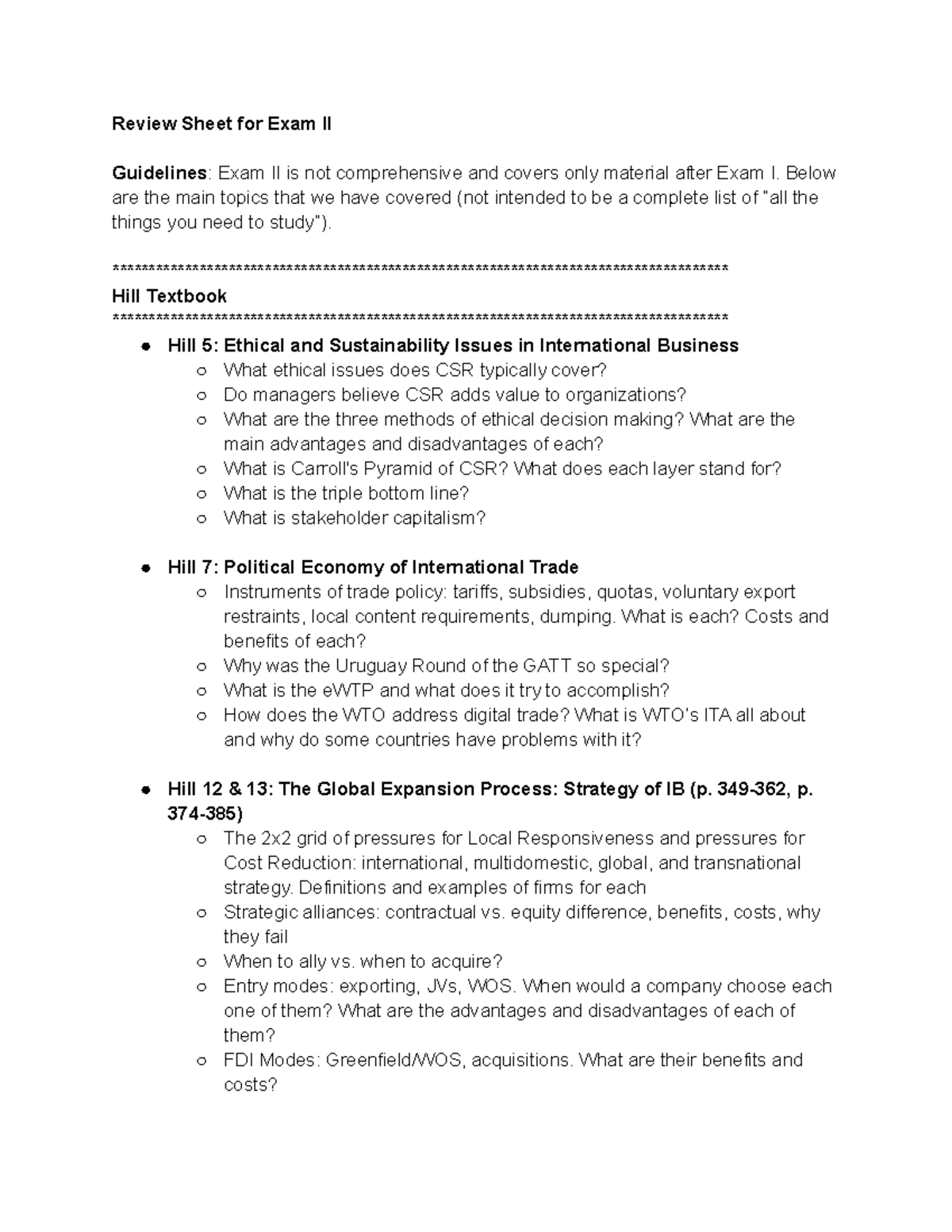 Exam Review 2 - Review Sheet for Exam II Guidelines : Exam II is not ...