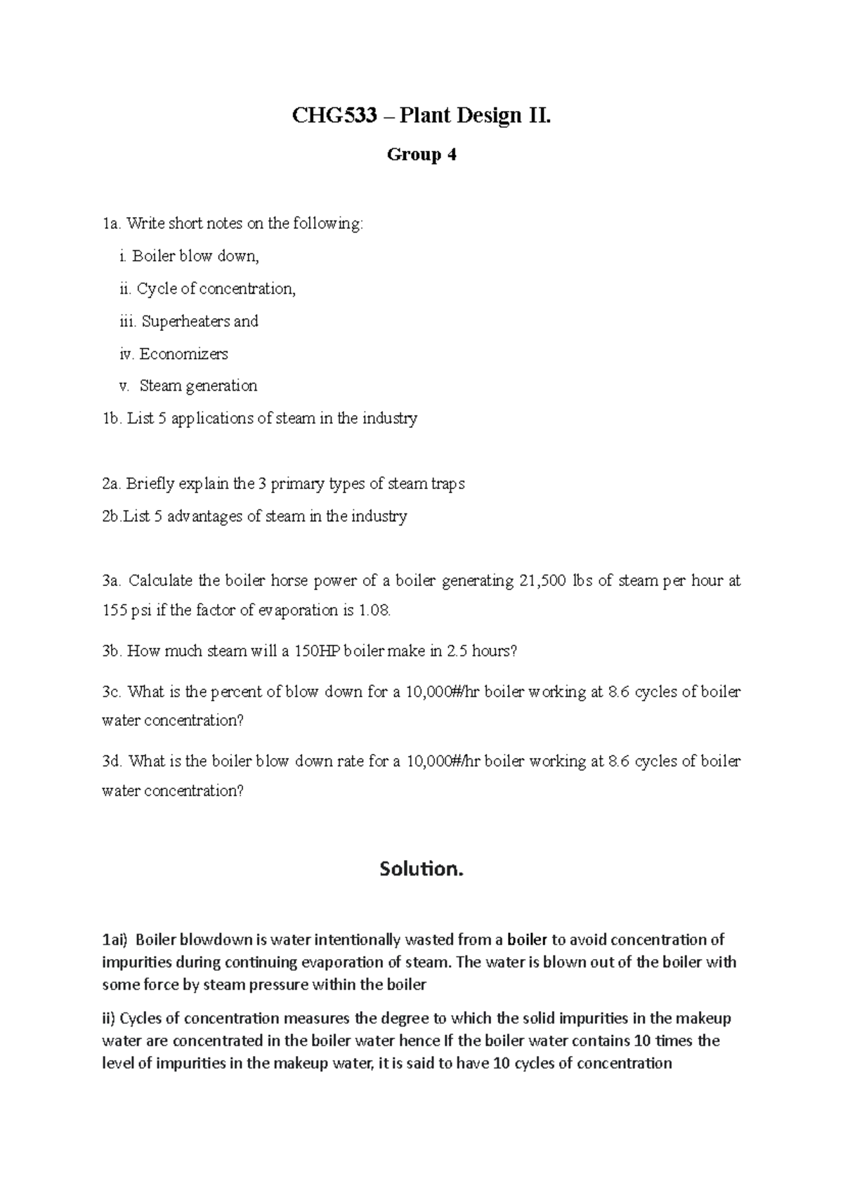 CHG533 Group 4 - Chemical Engineering plant design practice questions ...