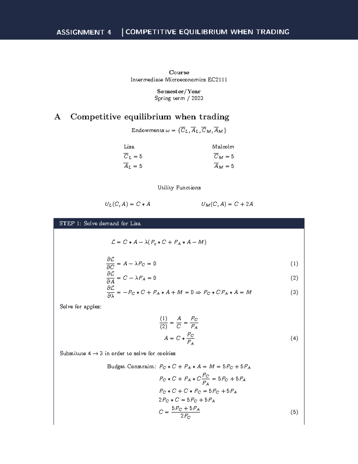 Assignment 4 Intermediate Microeconomics EC2111 - ASSIGNMENT 4 ...
