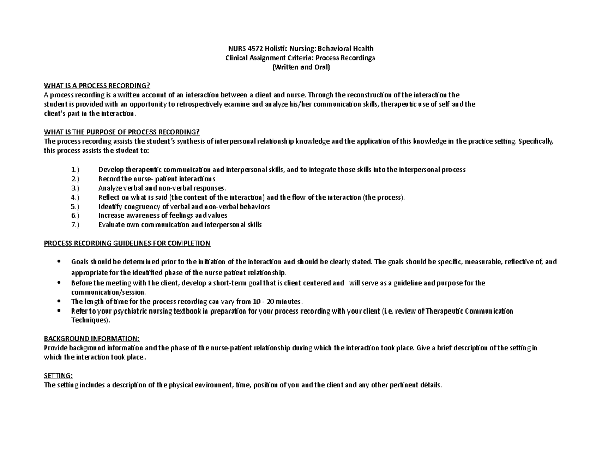 NURS 4572 Process Recording ABSN Nursing - NURS 4572 Holistic Nursing ...
