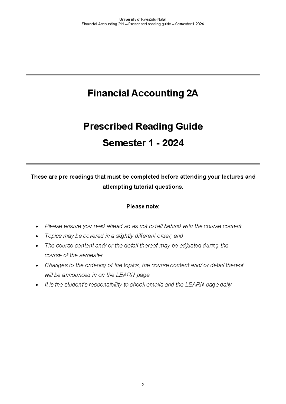Prescribed reading guide - Please note: • Please ensure you read ahead ...