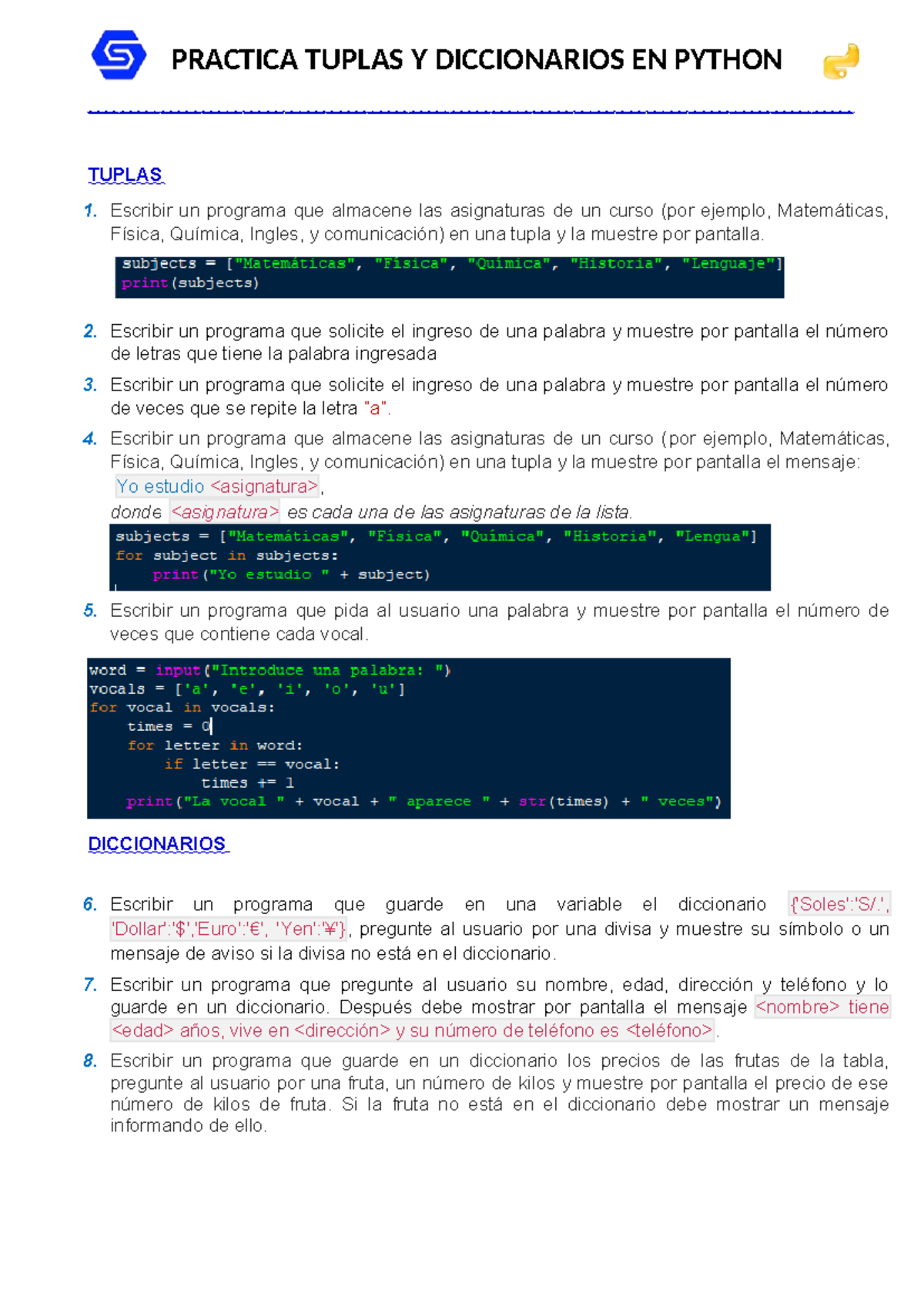 Practica Tuplas Y Diccionarios - - Studocu