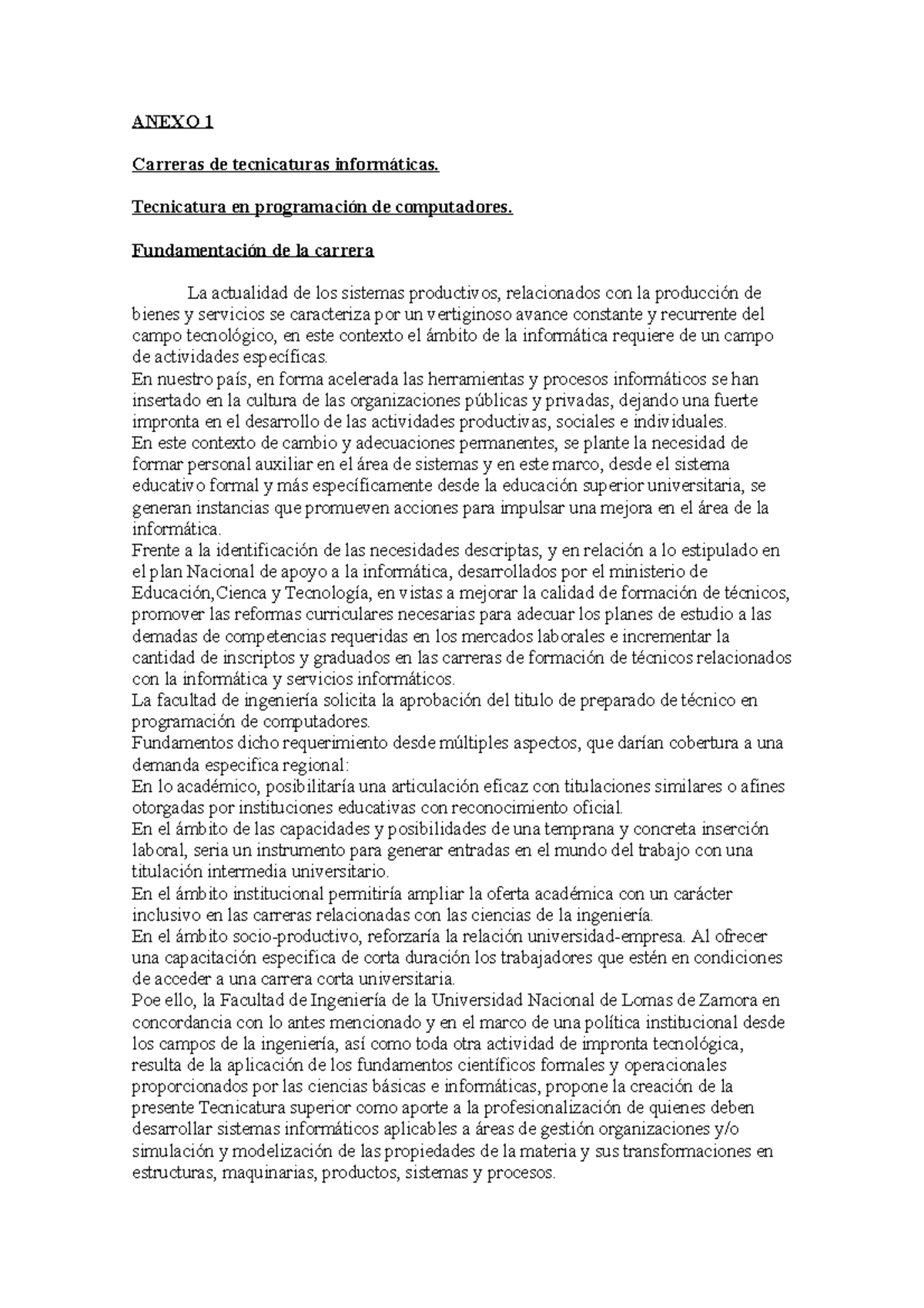 Tecnicatura-programacion-informacion curso primero año 2020 - ANEXO 1 Carreras de tecnicaturas ...