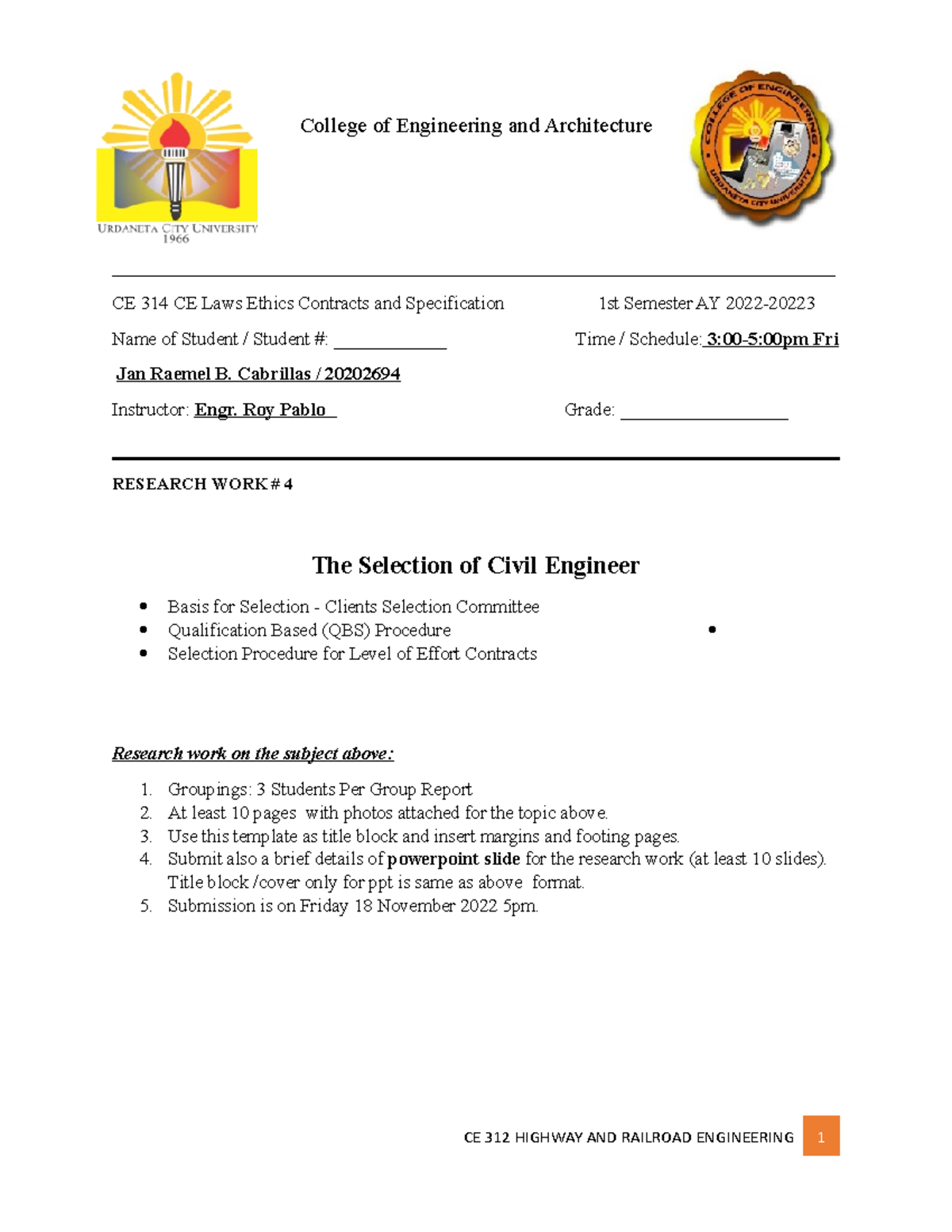 CE 3 14 Research Work # 4 - Selection of a Civil Engineer - College of ...