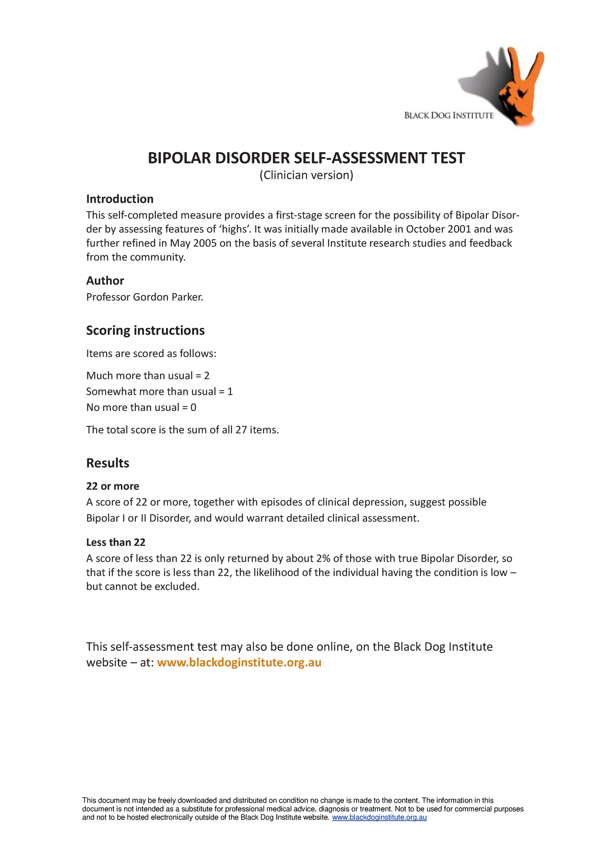 Bipolar Disorder Self assessment tool - BIPOLAR DISORDER SELF ...