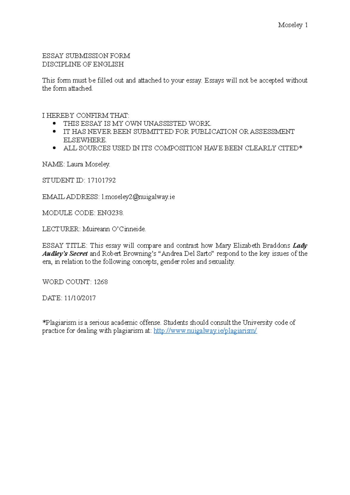 Eng238 - Grade: B - Moseley 1 ESSAY SUBMISSION FORM DISCIPLINE OF ...