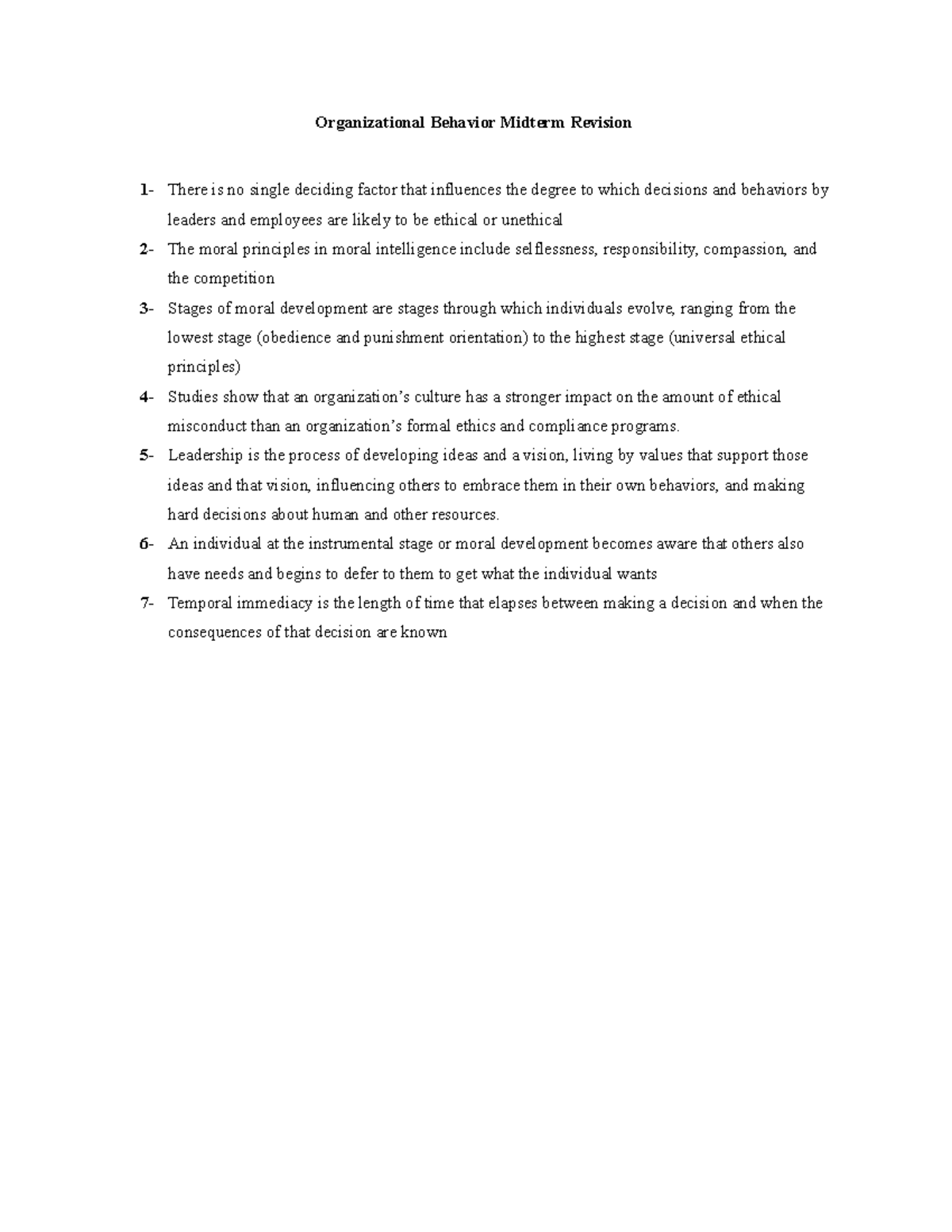 Organizational Behavior Midterm 1 Revision - Studocu