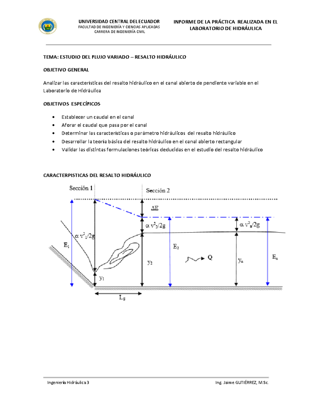 Resalto Hidraulico - Apuntes - FACULTAD DE INGENIERÍA Y CIENCIAS ...
