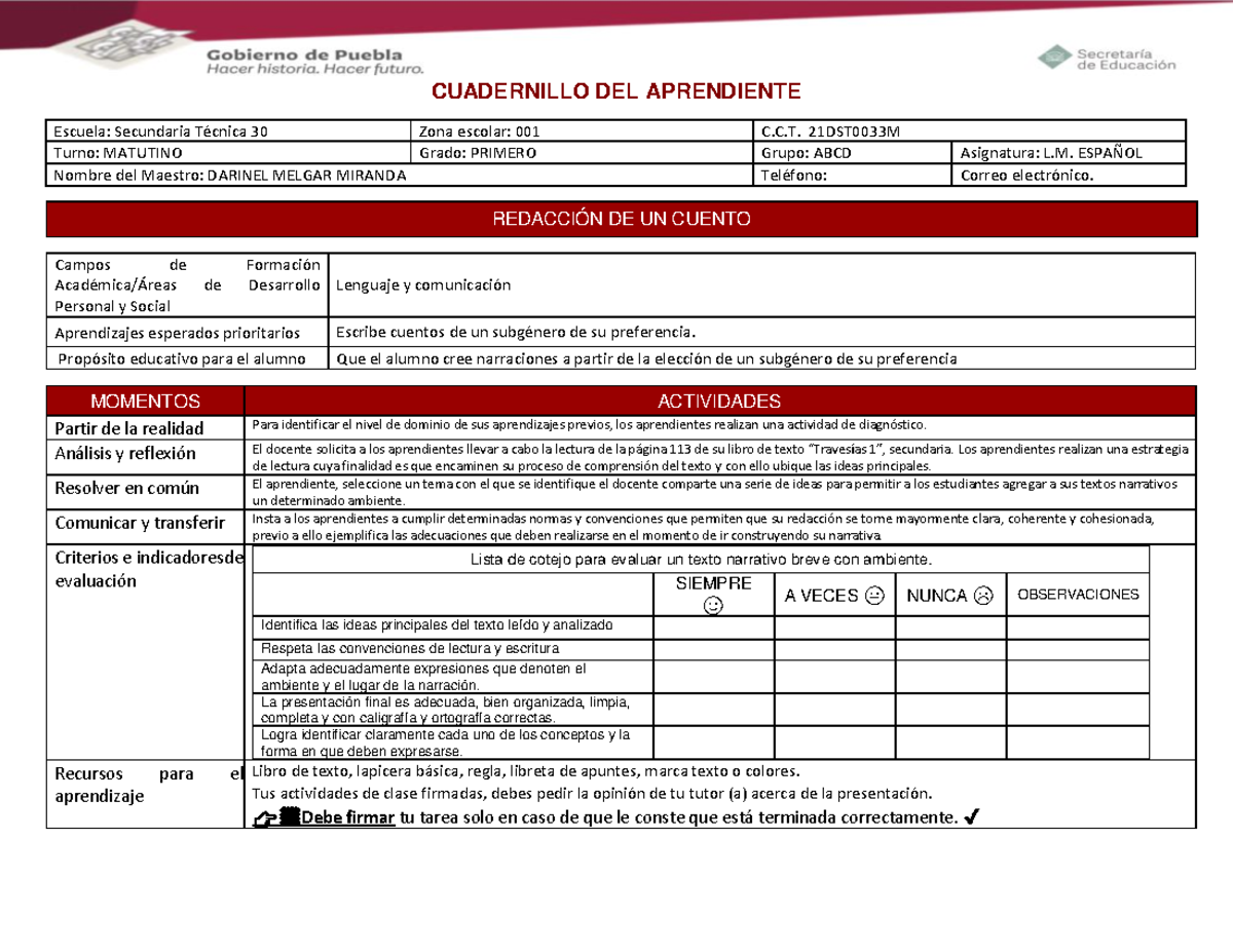 1ABCD Español 23 MAYO 2022 - CUADERNILLO DEL APRENDIENTE Escuela ...