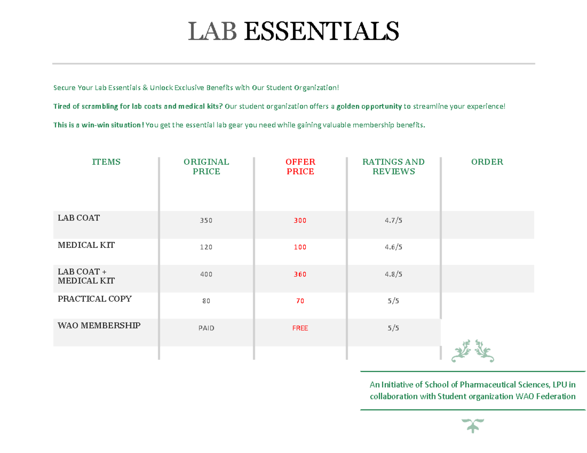Lab Essentials - ITEMS ORIGINAL PRICE OFFER PRICE RATINGS AND REVIEWS ...