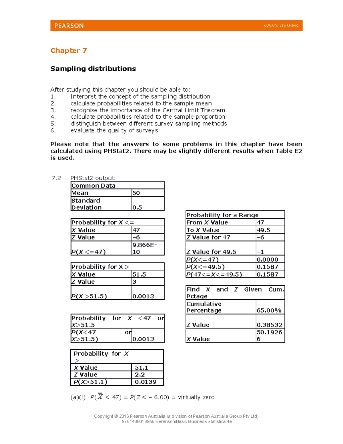 Week 7 Tutorial Answers - Chapter 7 Sampling distributions After ...